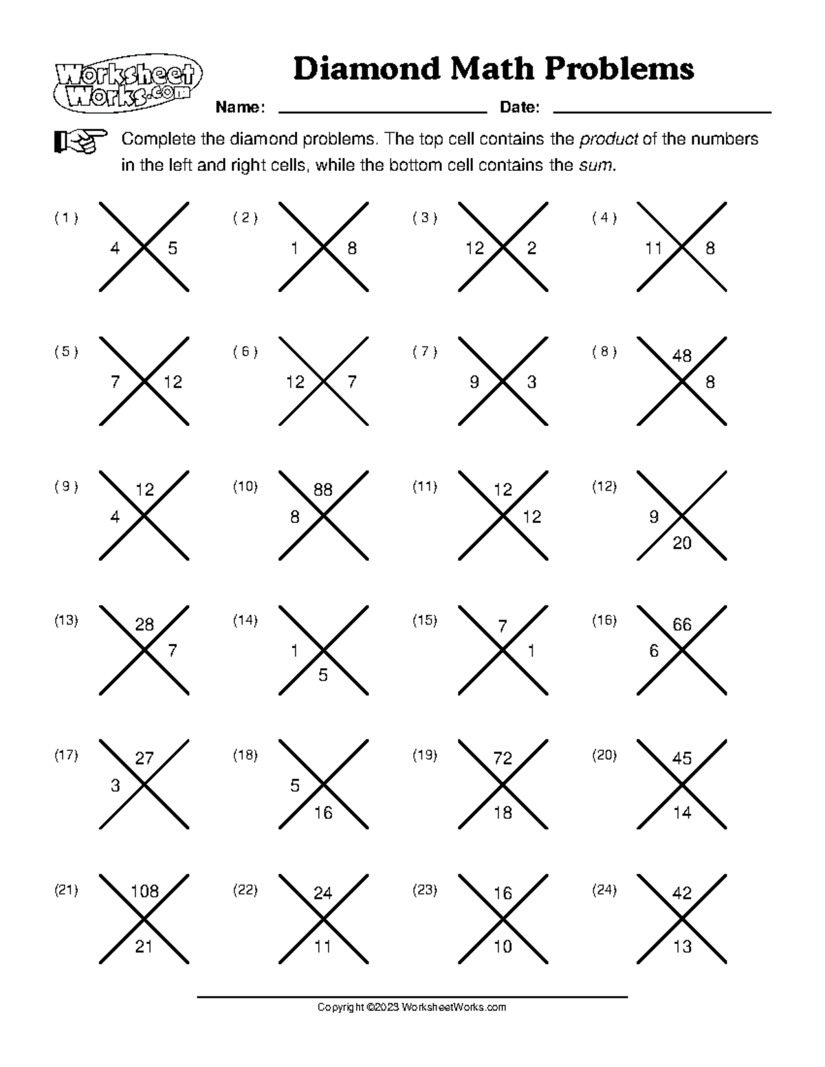Worksheet Works Diamond Math Problems 1 - V Complete the diamond ...