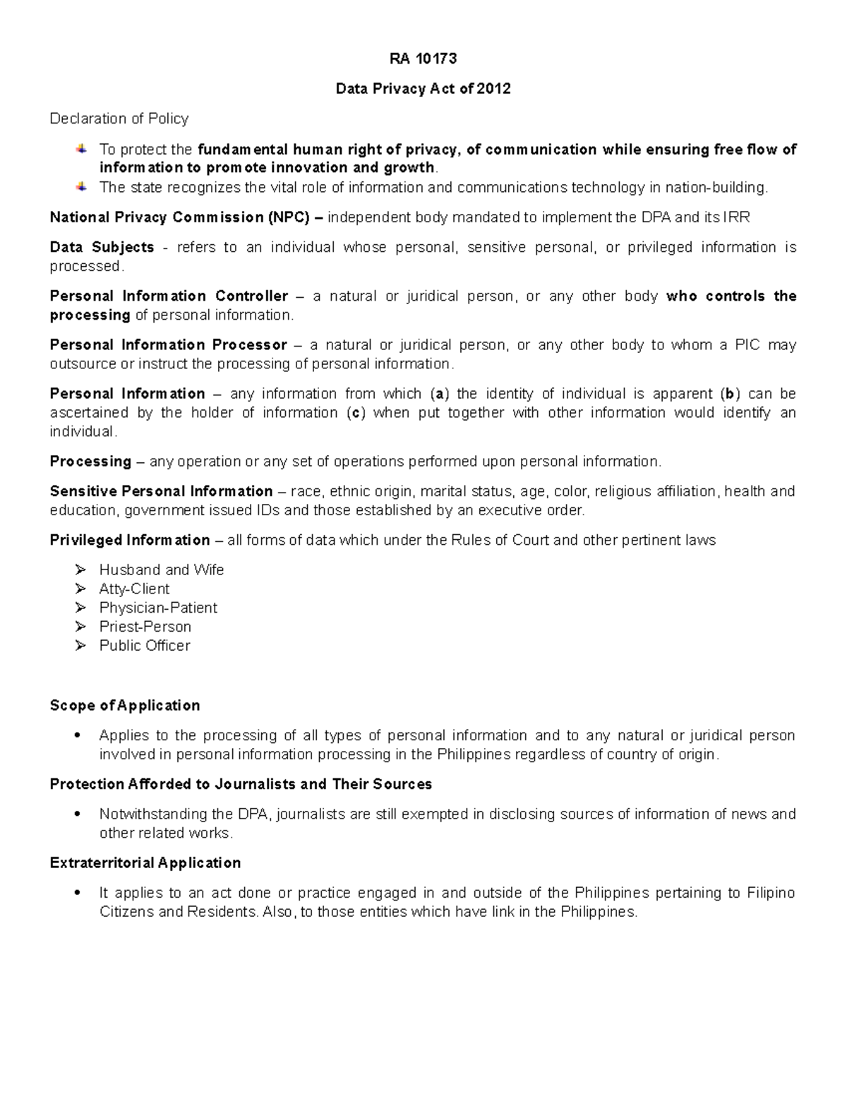 Data Privacy Act - RA 10173 Data Privacy Act of 2012 Declaration of ...