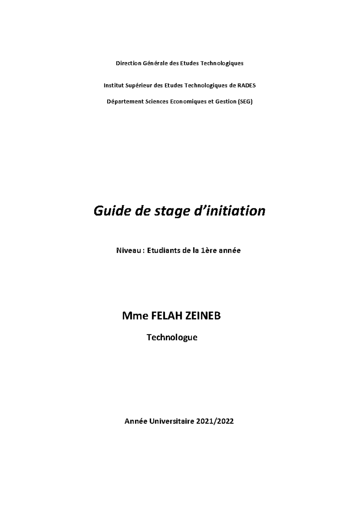 Guide de Stage d'Initiation à l'ISET Rades - 1ère Année - Studocu