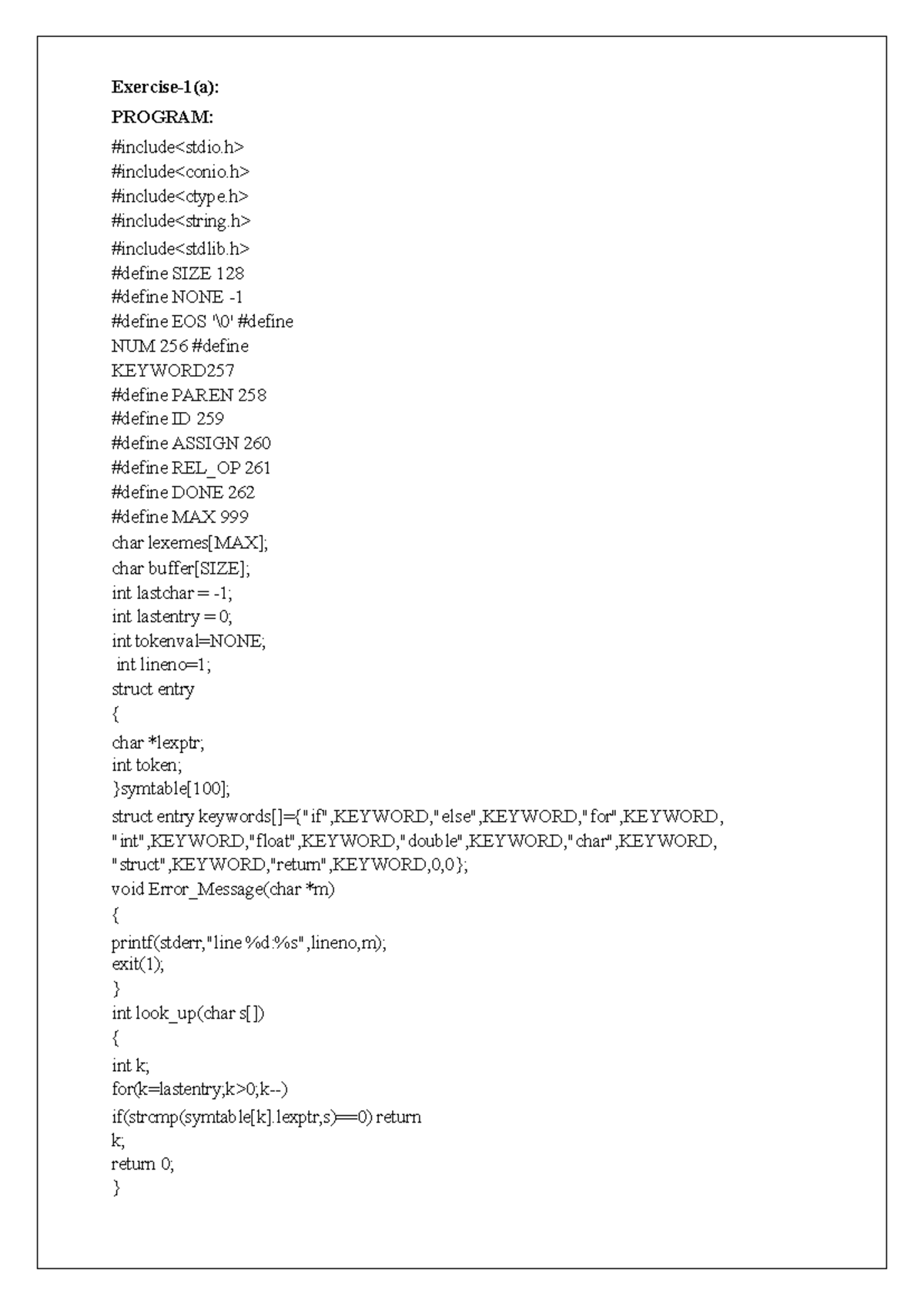 Compiler Design Lab Manual: Exercises and Outputs - Studocu