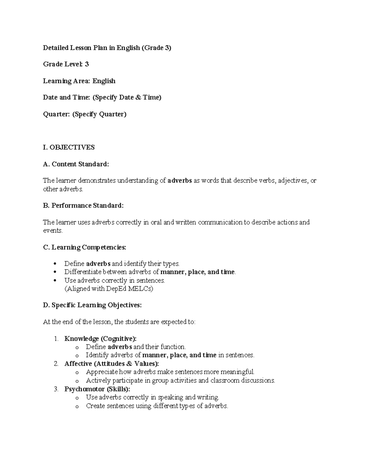 Types of Adverbs Lesson Plan for Grade 3 ENGLISH G-3 - Studocu