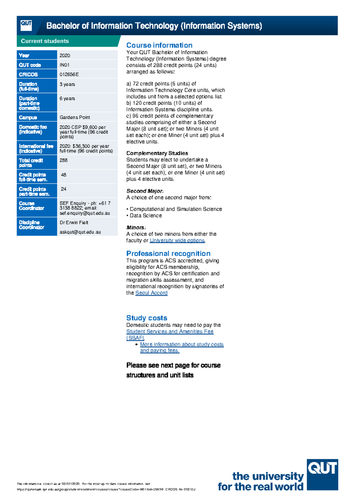 IN01 Bachelor of I.T Course Structure - This information is correct as ...