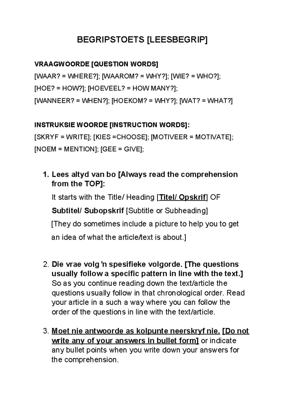 Begripstoets Graad 10: Leesbegrip en Instruksiewoorde - Studocu