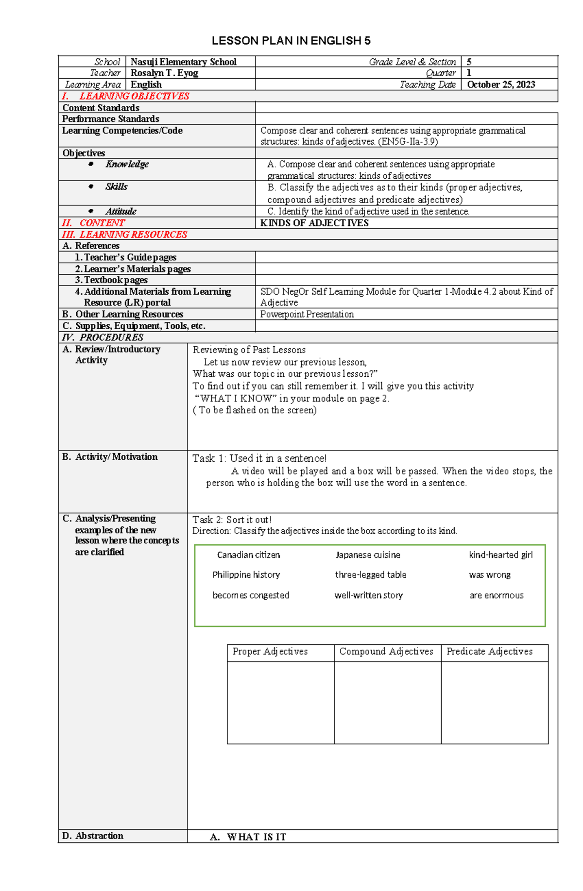 English 5 Q1 Lesson Plan: Understanding Kinds of Adjectives - Studocu
