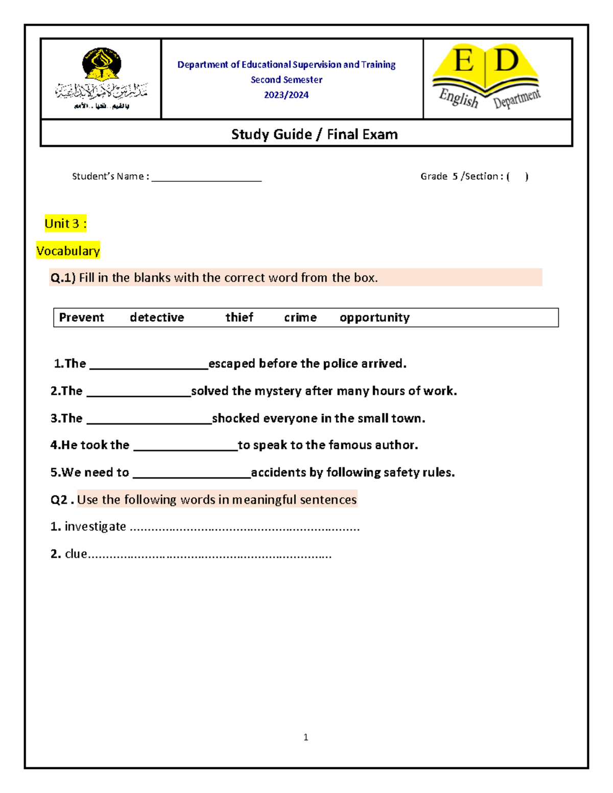 Study Guide: Final for 5th Grade (Unit 3 & 4) - 2023 - Studocu
