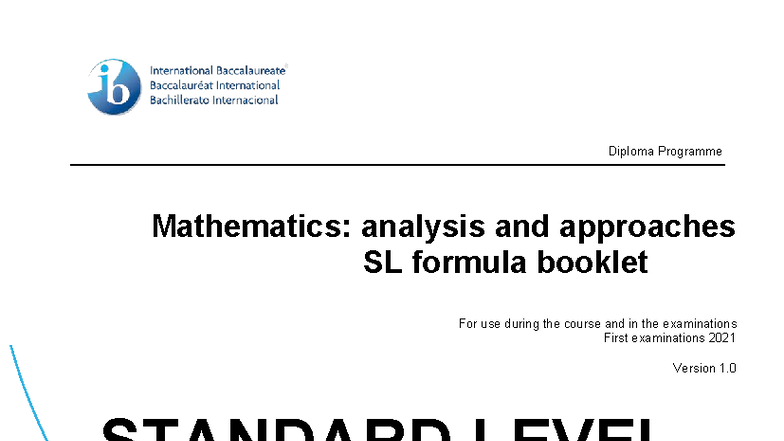 Diploma Programme Mathematics: Analysis & Approaches SL Formula Booklet - Studocu