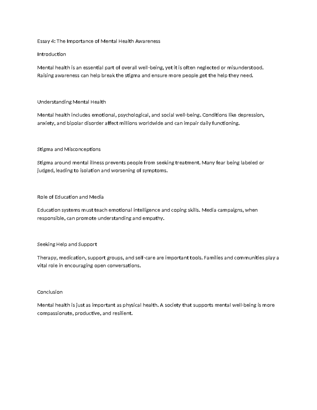 Essay 4: The Importance of Mental Health Awareness and Support - Studocu