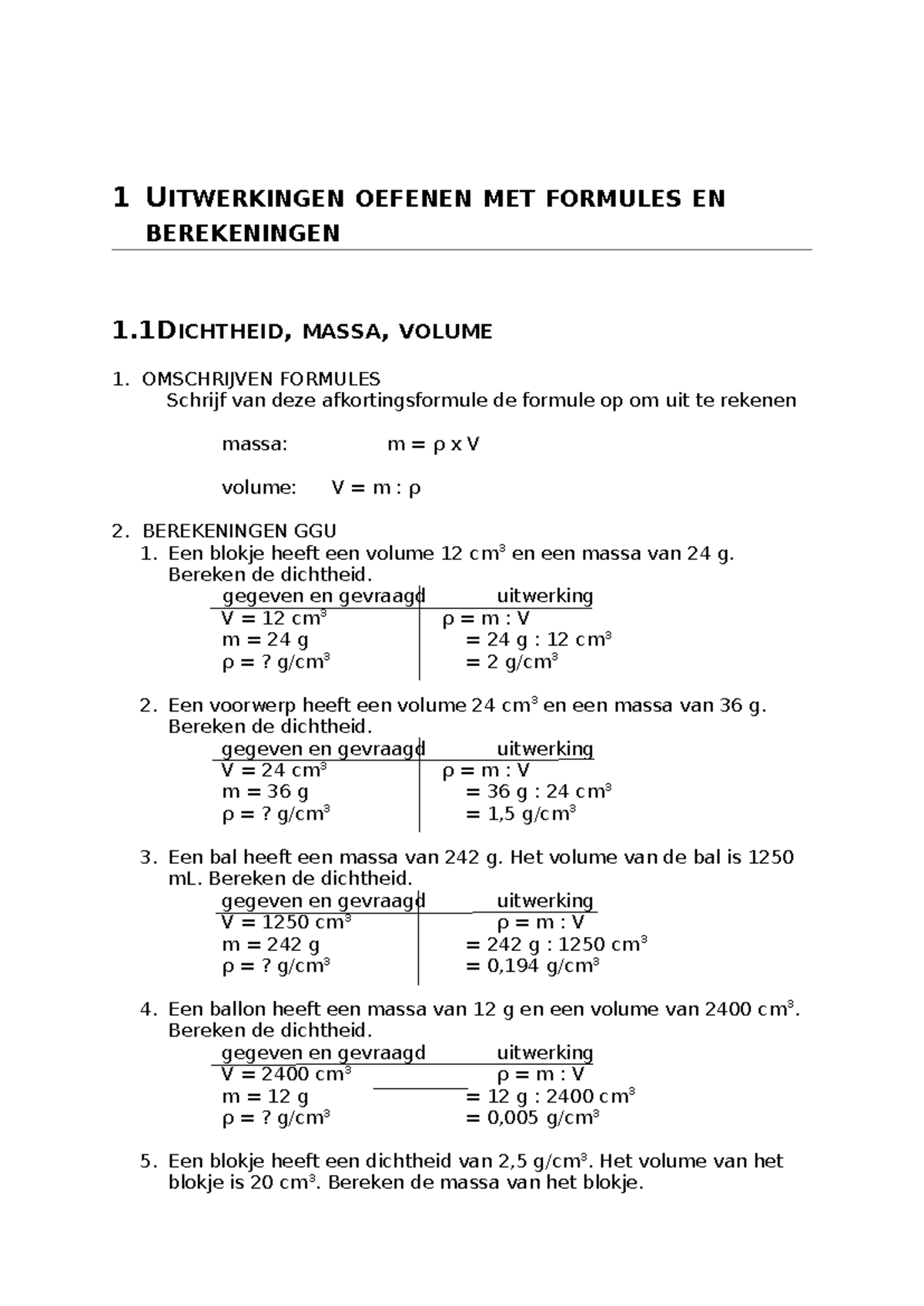 Formule Oefenen: Massa, Volume en Dichtheid Berekeningen (WISK101 ...