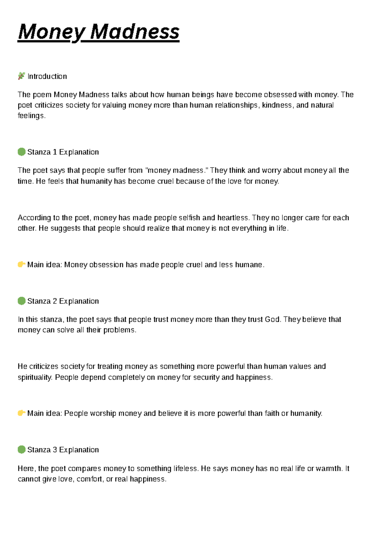 Money Madness: Summary & Stanza-Wise Analysis - Studocu