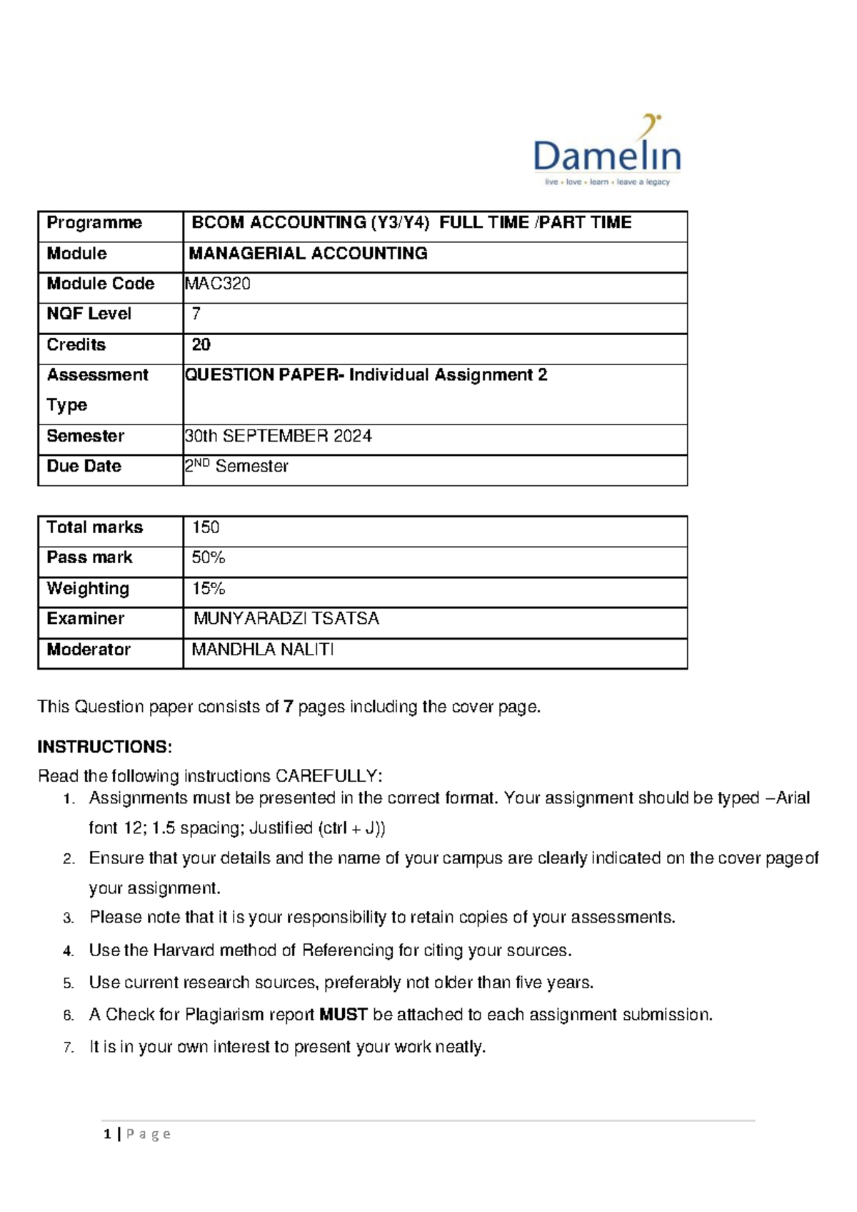 Managerial Accounting Assignment 2 (MAC320) - 2nd Semester 2024 - Studocu