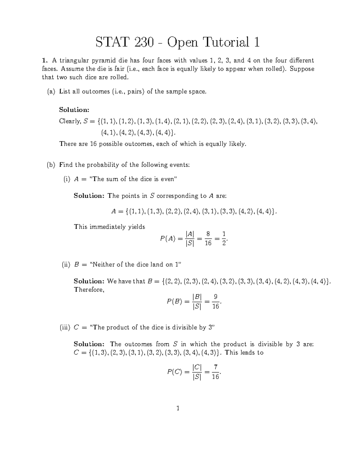 STAT 230 Open Tutorial 1 Solutions on Probability and Outcomes - Studocu