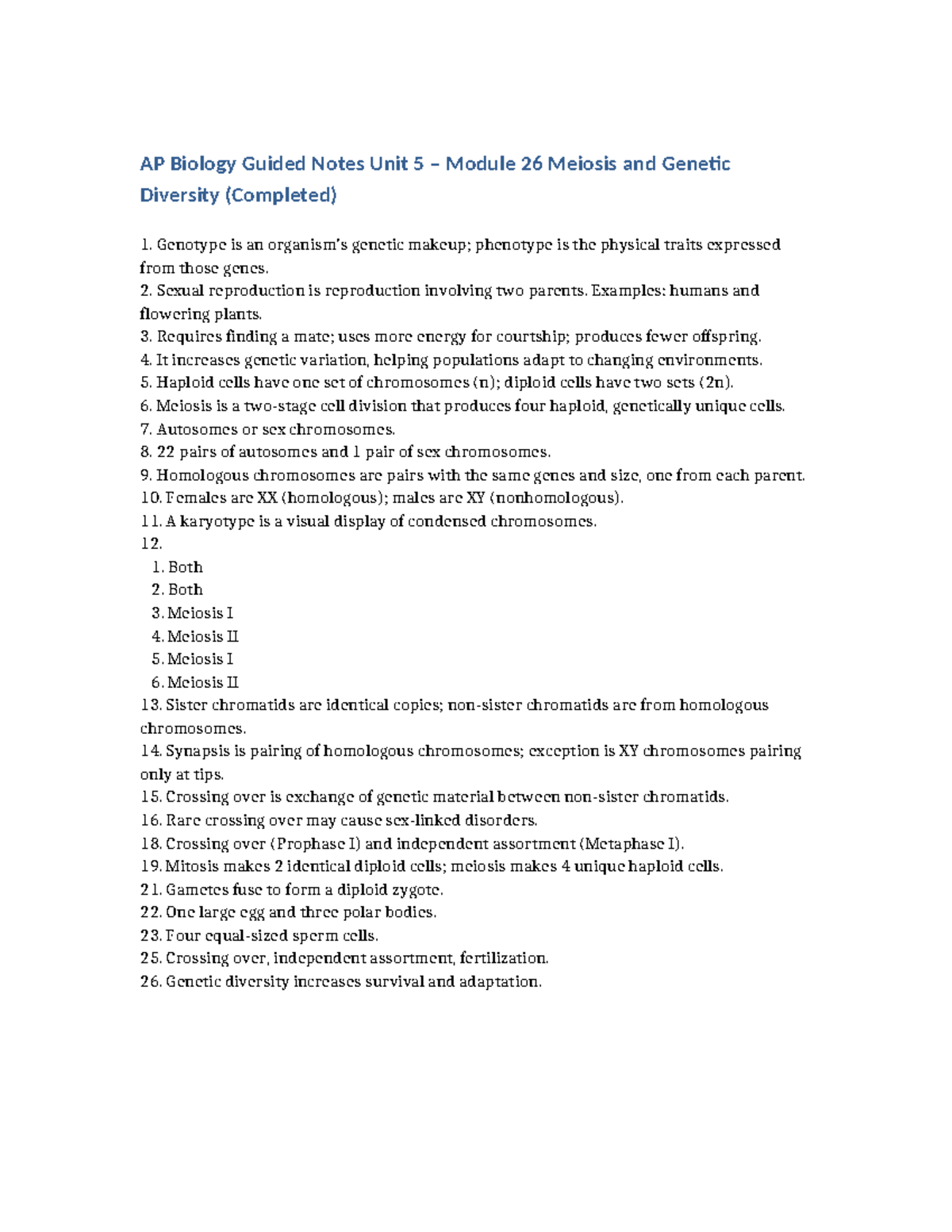 AP Biology Guided Notes: Unit 5, Module 26 - Meiosis & Genetic ...