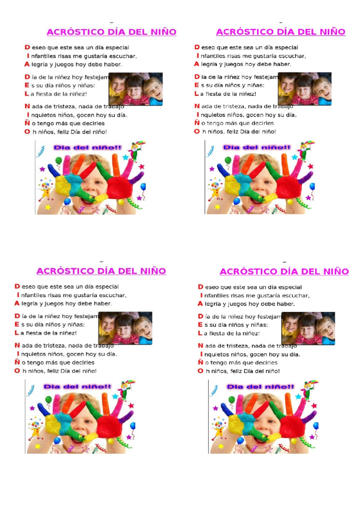ACRÓSTICO DEL DÍA DEL NIÑO: CELEBRANDO LA INFANCIA - Studocu