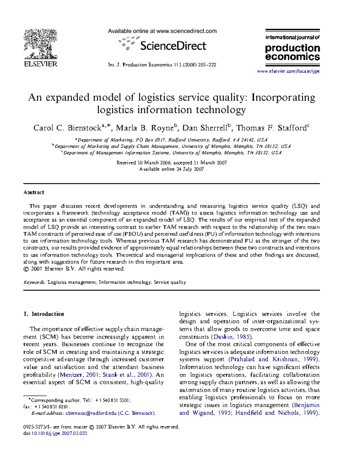 An Expanded Model of Logistics Service Quality Incorporating IT ...