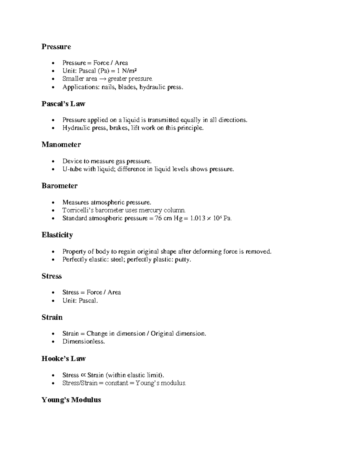 Unit 5: Pressure, Force, and Elasticity Concepts Explained - Studocu