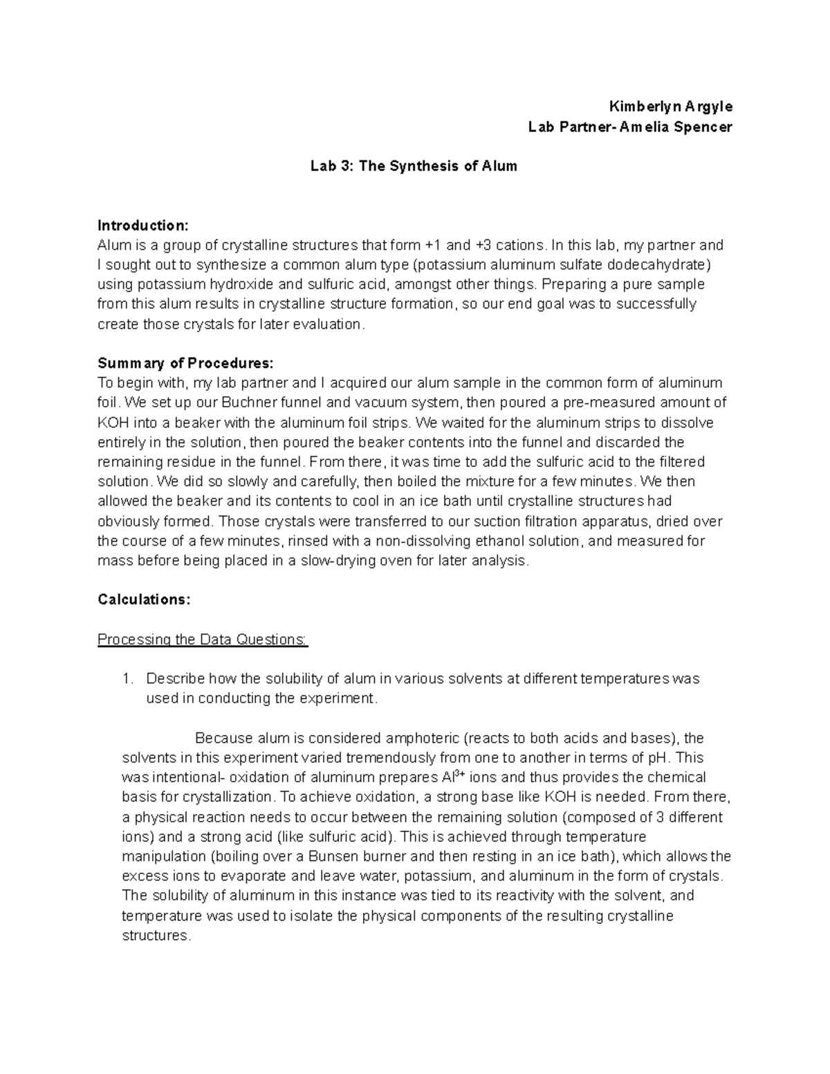 Chemistry 101: Lab Report 3 - Synthesis of Potassium Alum Crystals ...