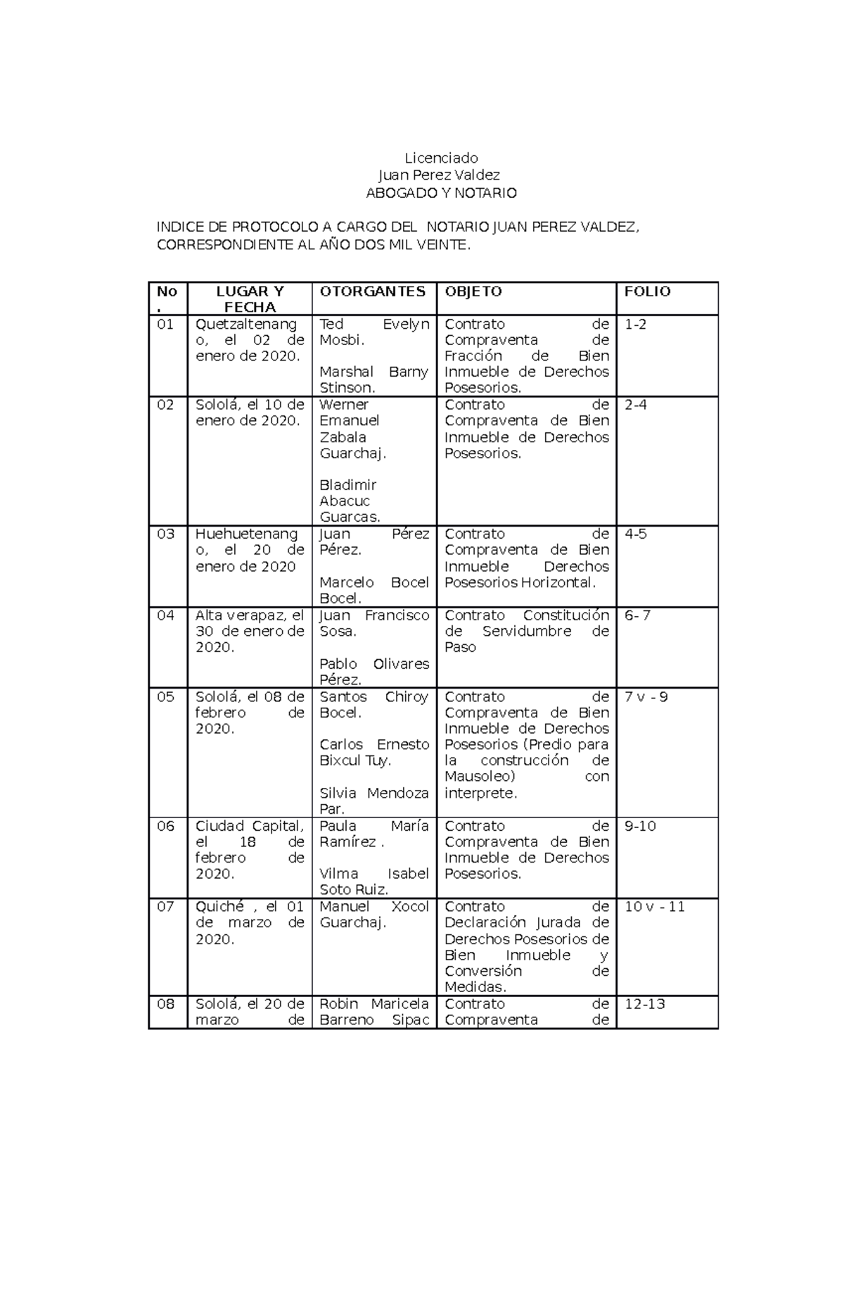 Índice de Protocolo del Notario Juan Pérez Valdez - 2020 - Studocu