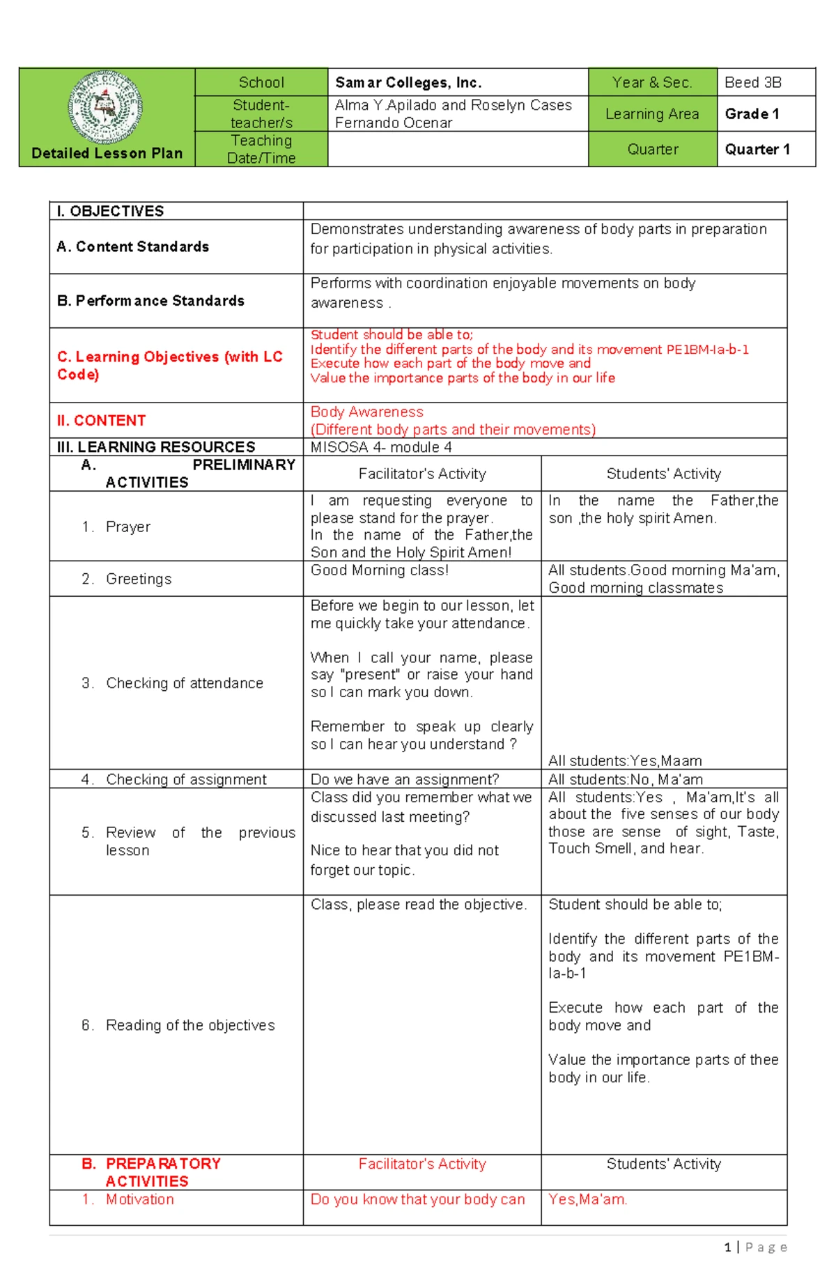 Grade 1 Body Awareness Detailed Lesson Plan (Quarter 1) - Studocu
