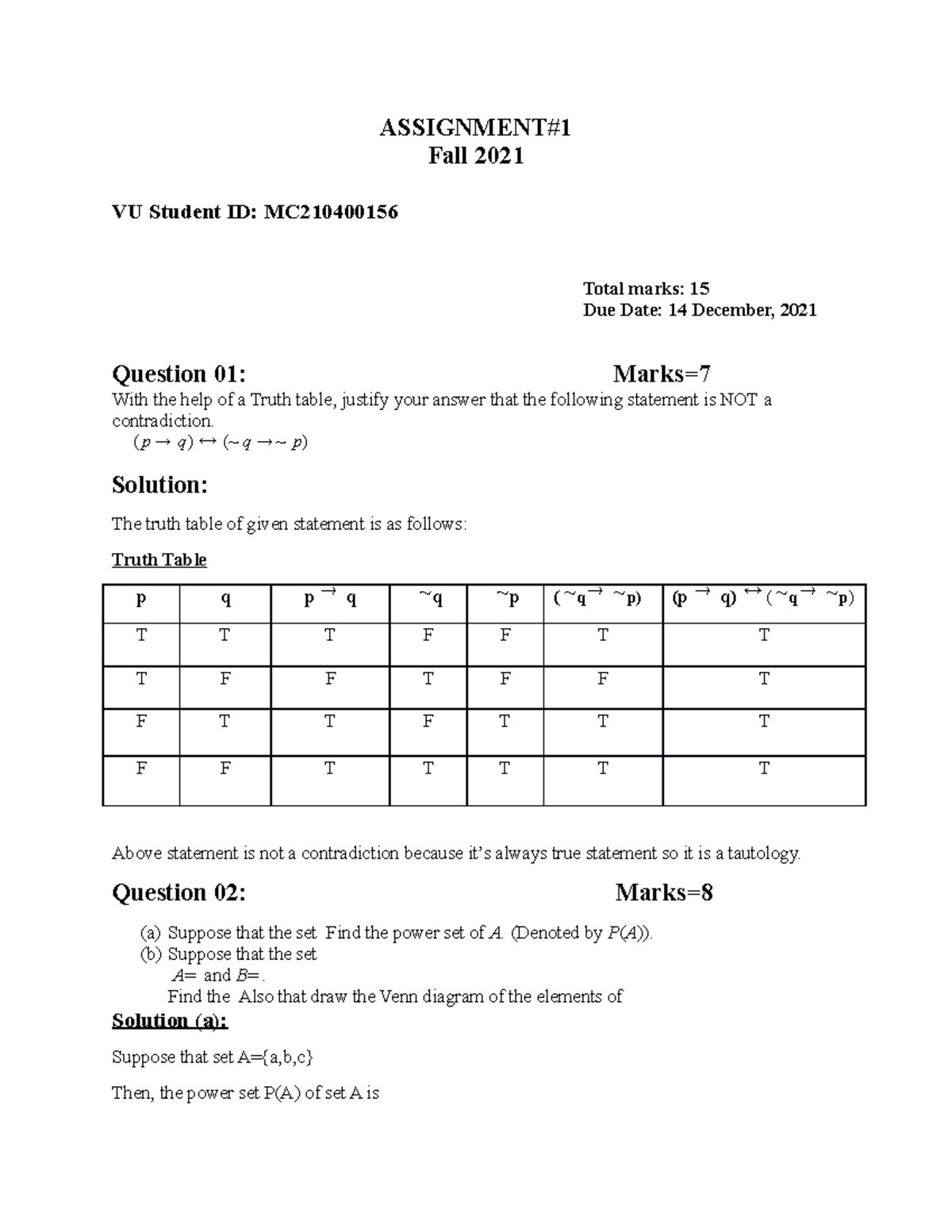 Assignments and quiz of discrete mathematics - ASSIGNMENT# Fall 2021 VU ...