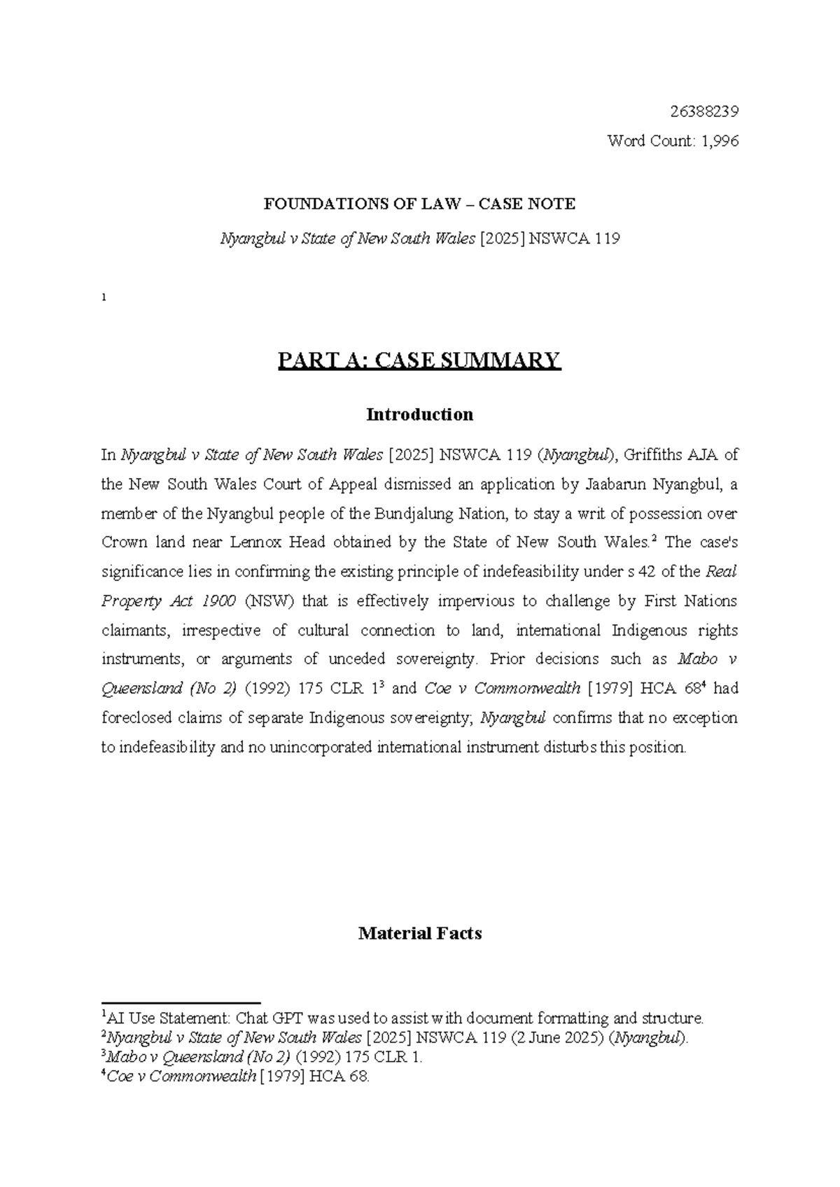 26388239 FOUNDATIONS OF LAW CASE NOTE: Nyangbul v State of NSW NSWCA ...