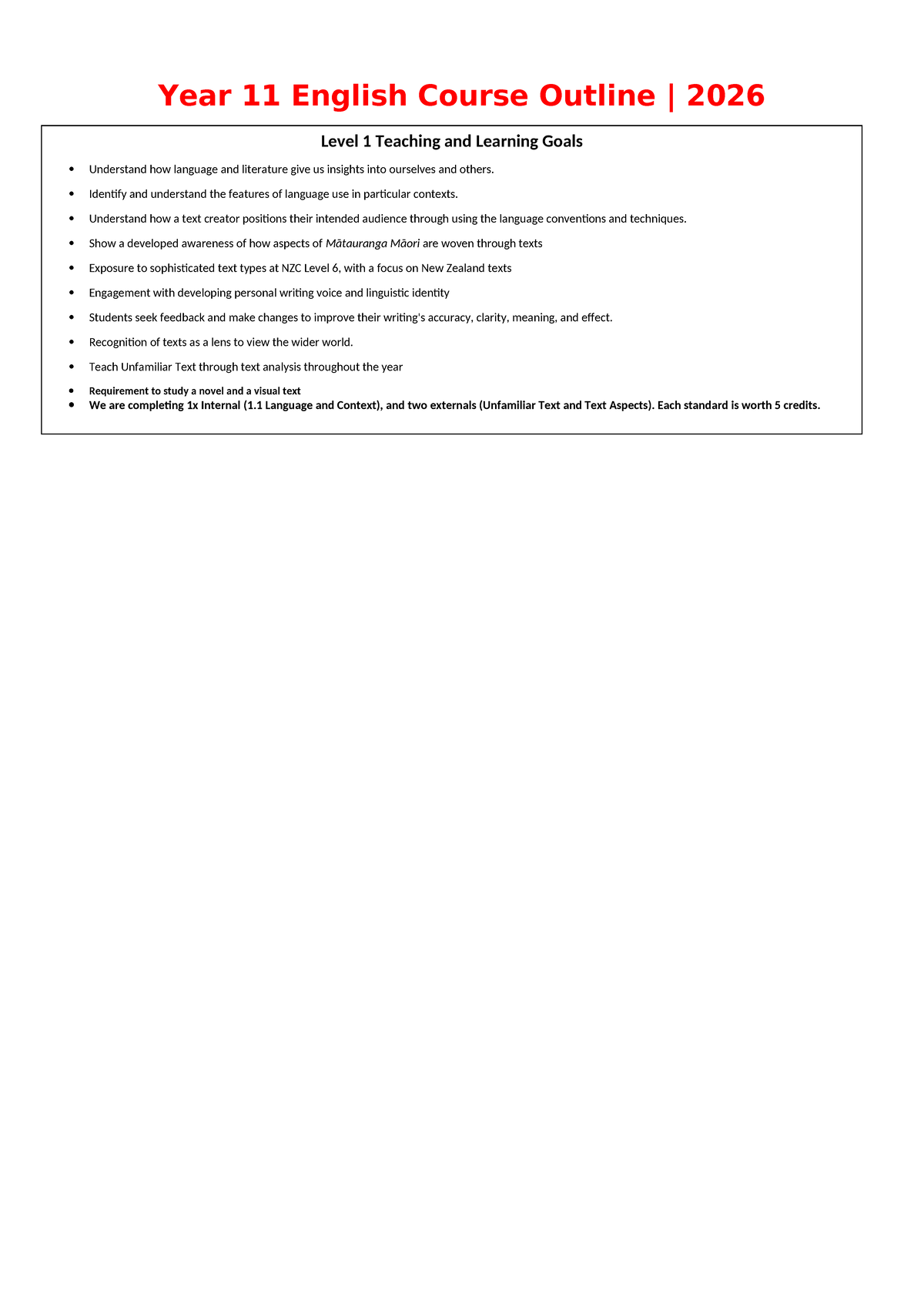 Year 11 English Course Outline 2026: Teaching & Learning Goals - Studocu