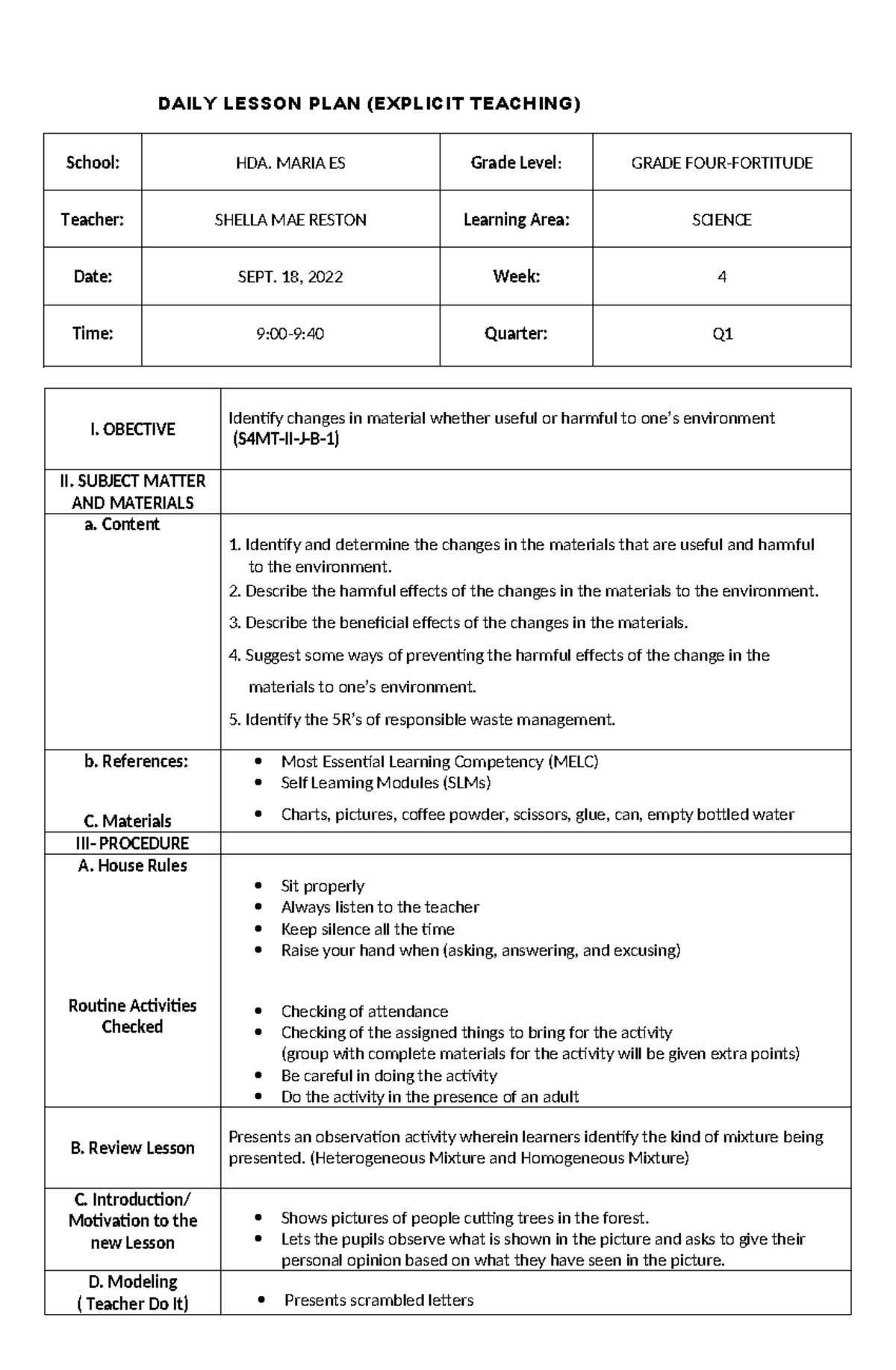 Daily Lesson Plan for Grade 4 Science - Changes in Materials - Studocu