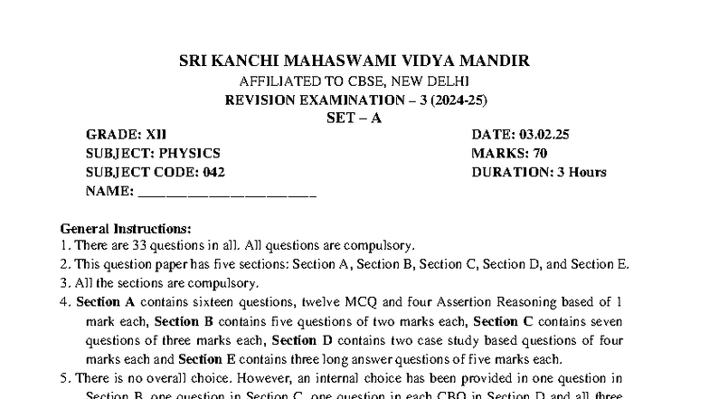 Pre Annual Exam 2024-2025: Physics Grade XII (Subject Code: 042) - Studocu