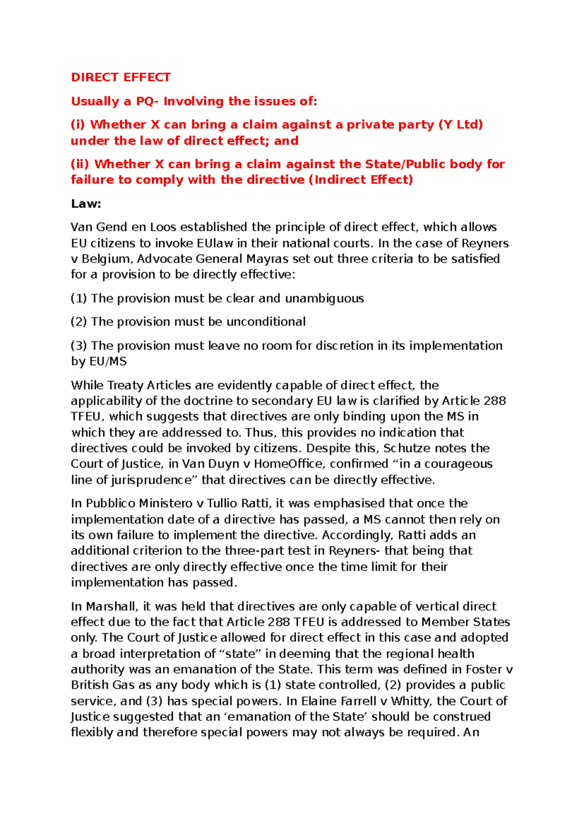 Direct Effect and Indirect Effect in EU Law: MSL Essay Analysis - Studocu