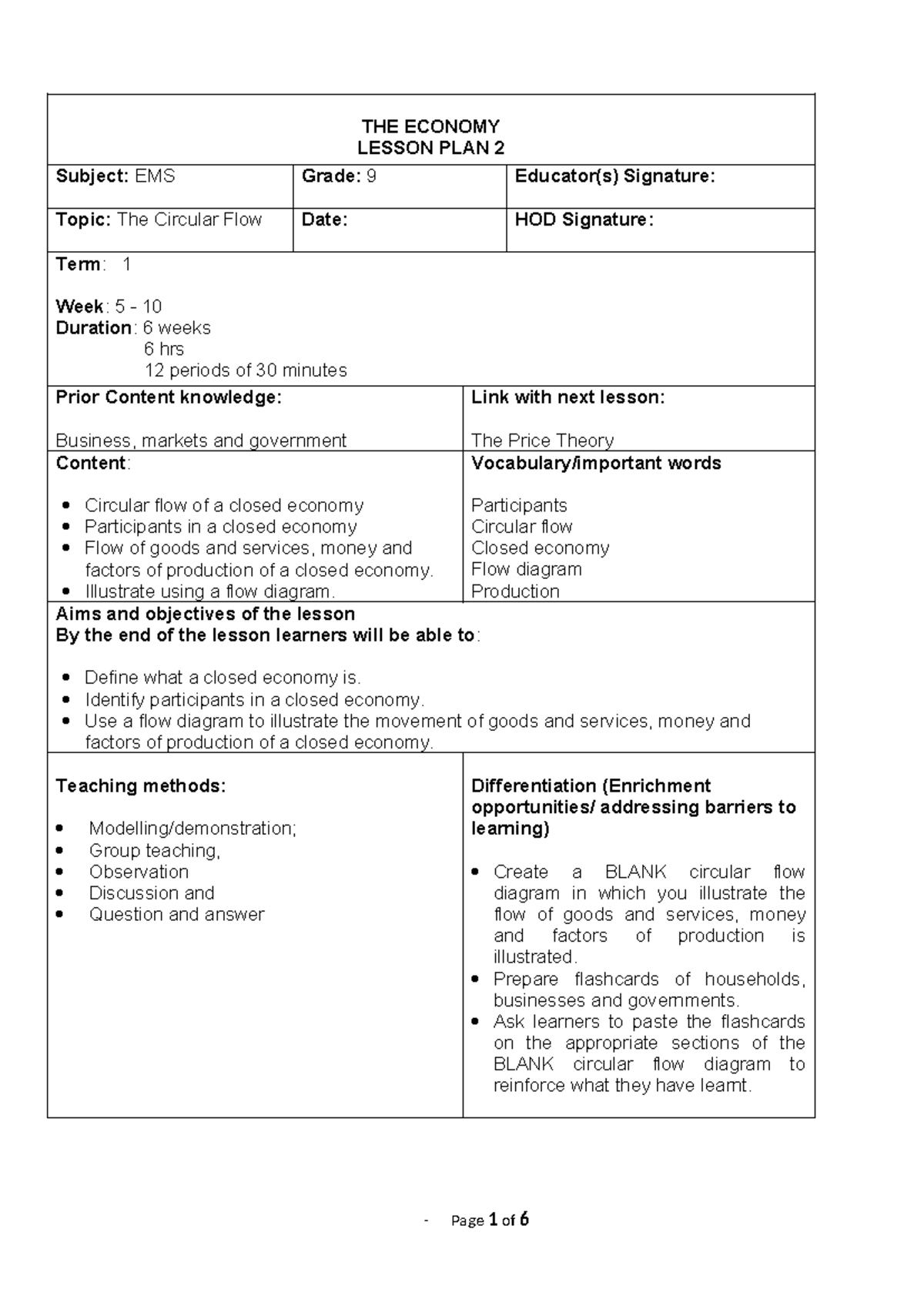 Grade 9 EMS Lesson Plan: The Circular Flow of a Closed Economy - Studocu