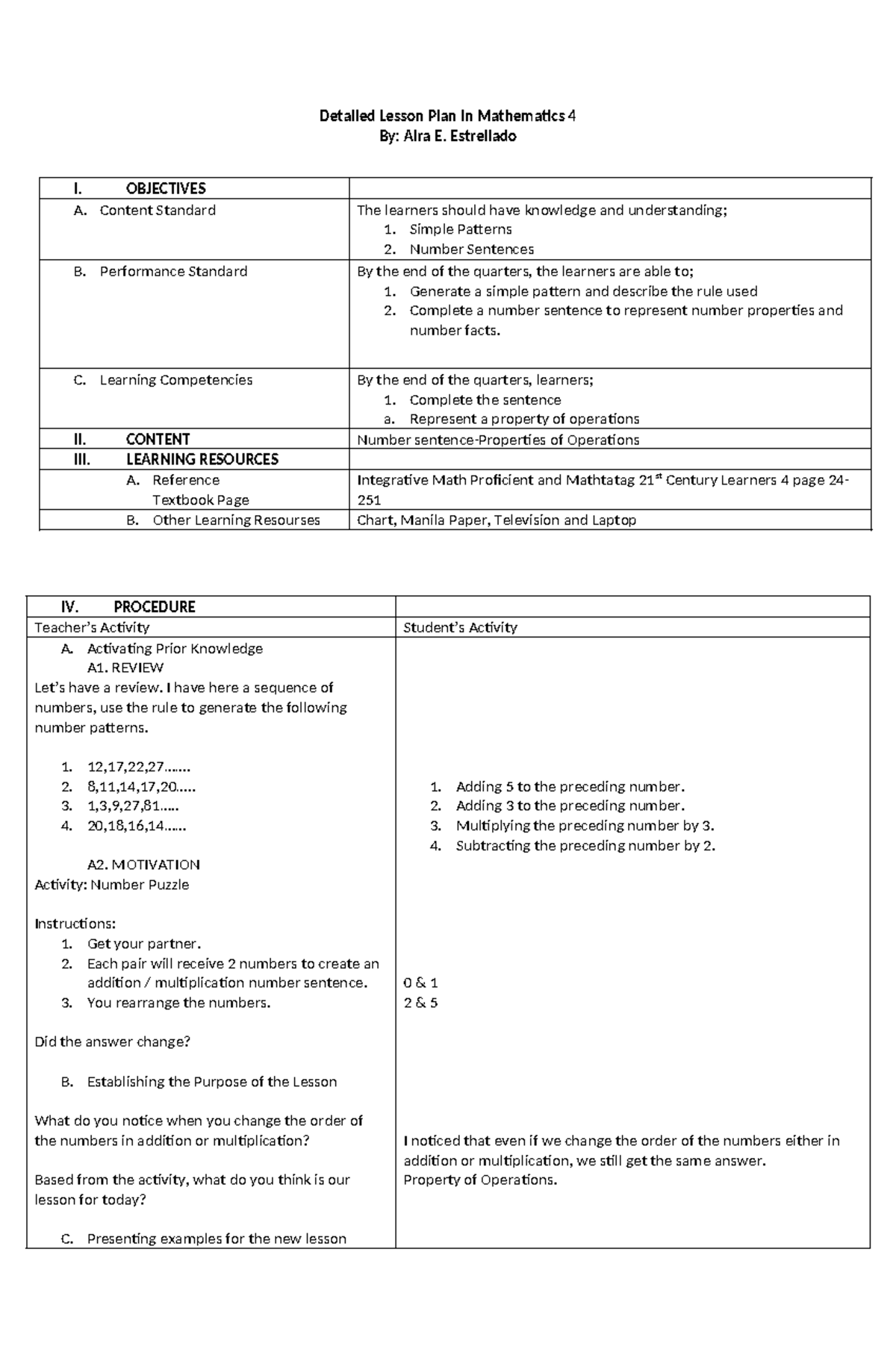 Detailed Lesson Plan in Mathematics 4: Understanding Number Properties ...