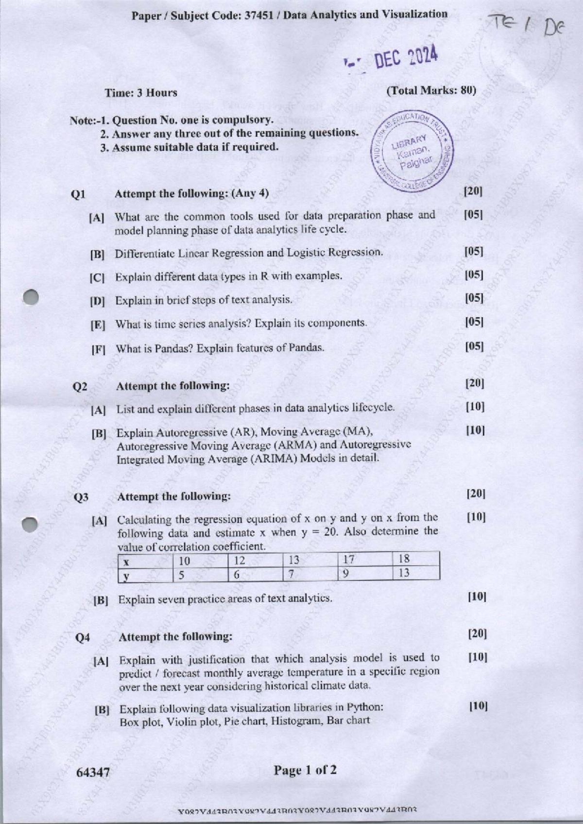 Data Analytics & Visualization Exam Paper: 37451 - DEC 2024 - Studocu