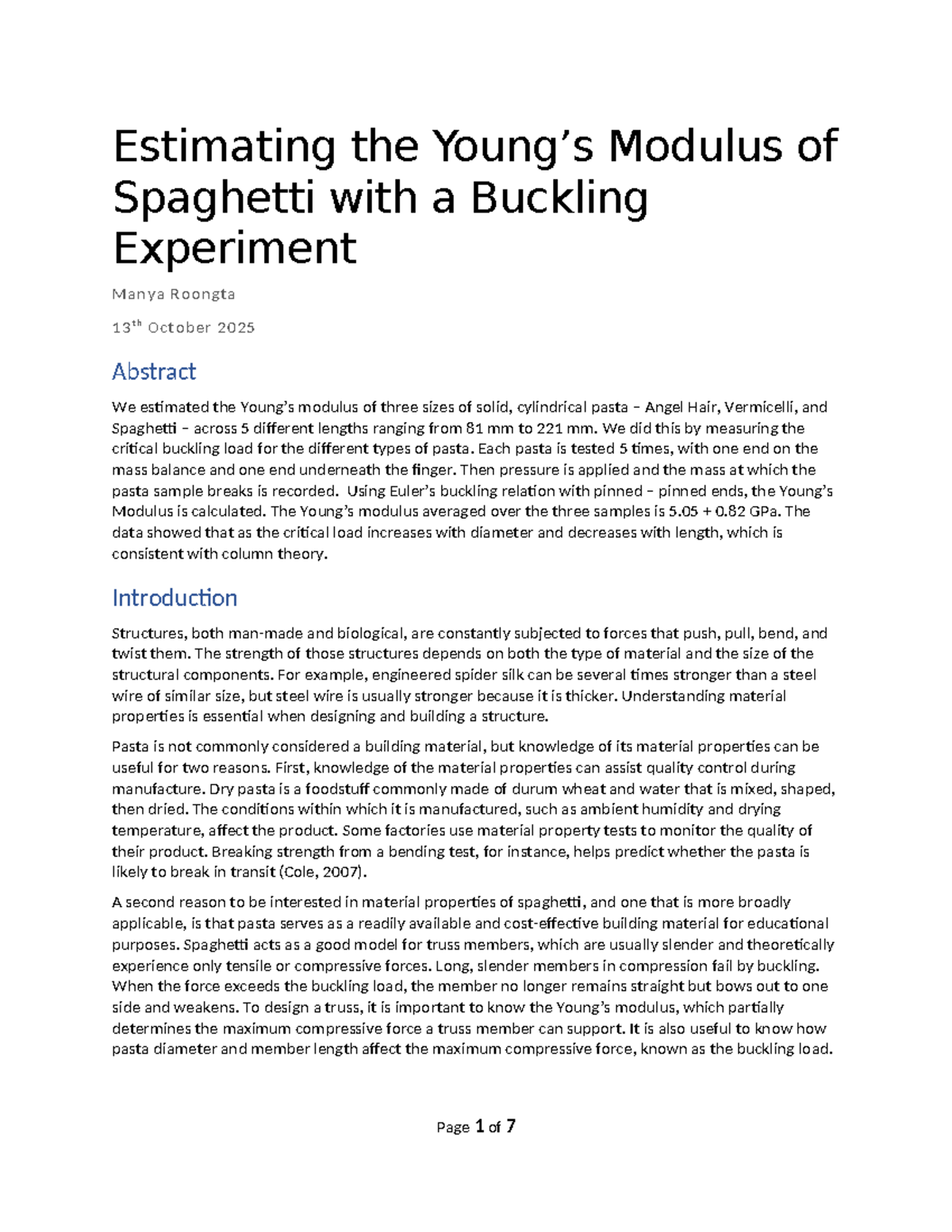Buckling Lab: Estimating Modulus of Spaghetti (Lab Report) - Studocu