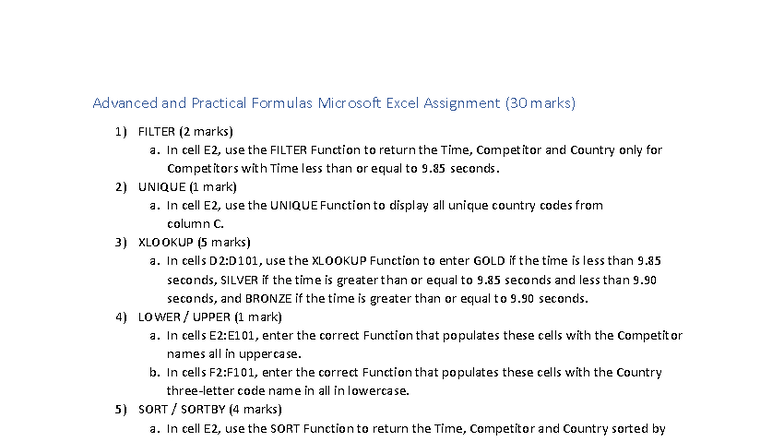 Advanced and Practical Functions Excel Assignment (30 Marks) - Studocu