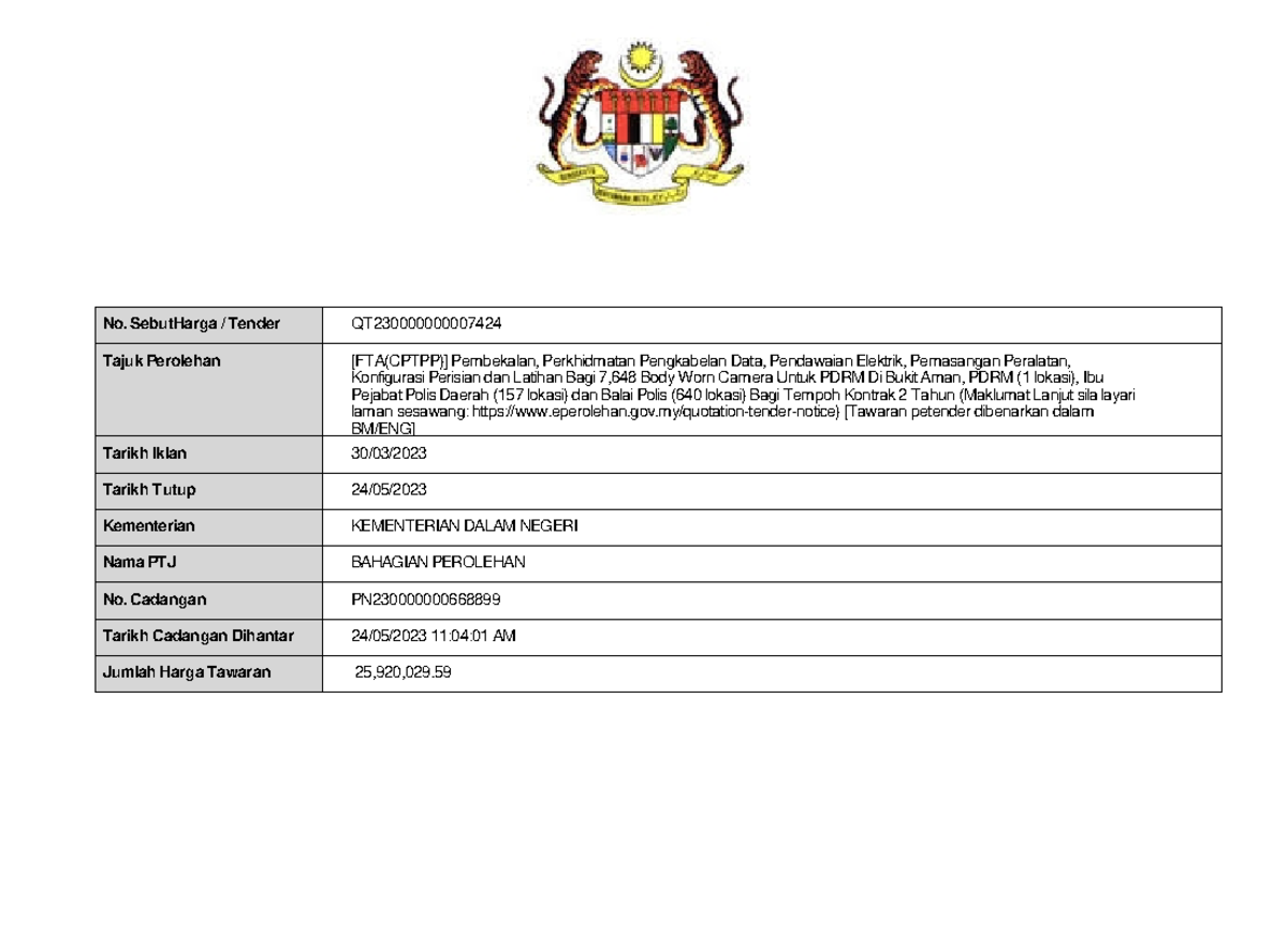 Summary Proposal PDRM BWC - No. SebutHarga / Tender QT [FTA(CPTPP)] Pembekalan, Perkhidmatan ...