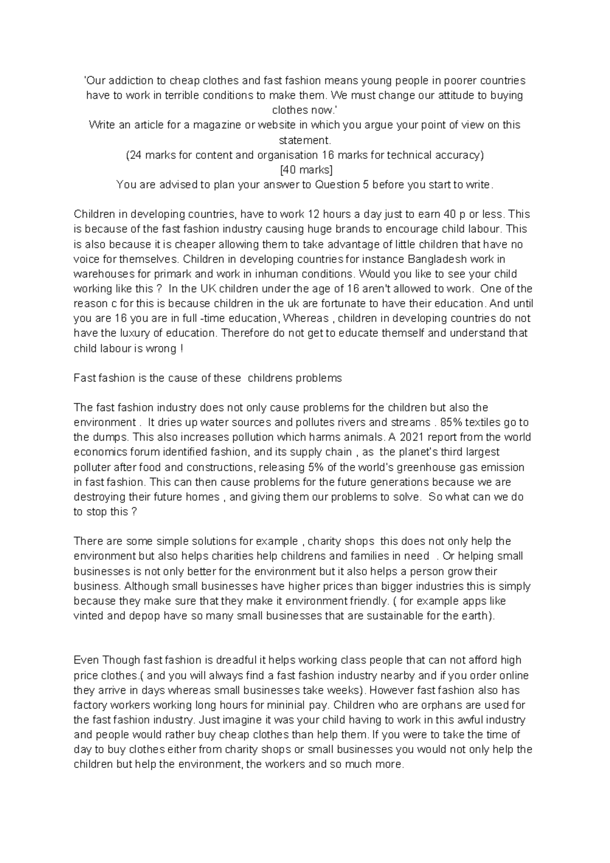 Paper 2: Argumentative Article on Fast Fashion and Child Labor Issues ...
