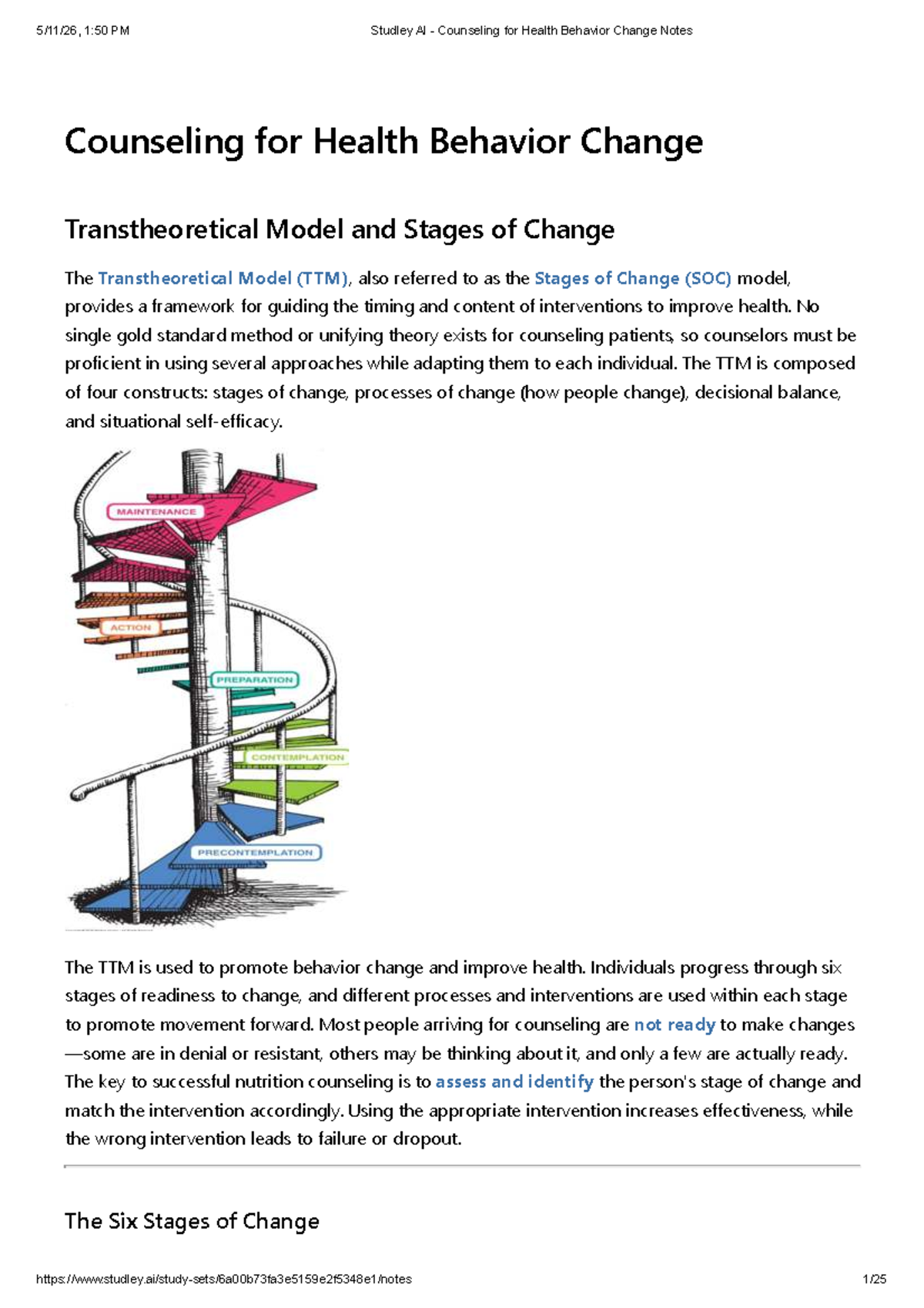Counseling for Health Behavior Change Study Guide - TTM Overview and ...