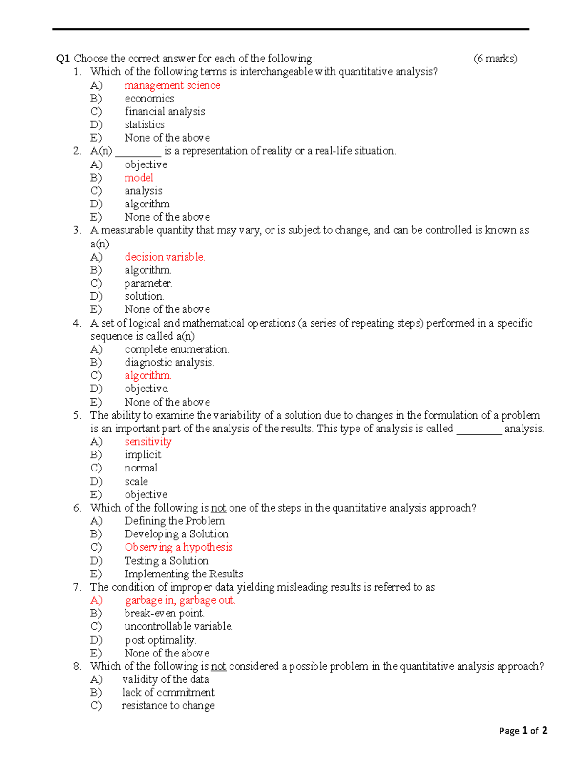 quantitative business analysis practice quiz - Q1 Choose the correct ...