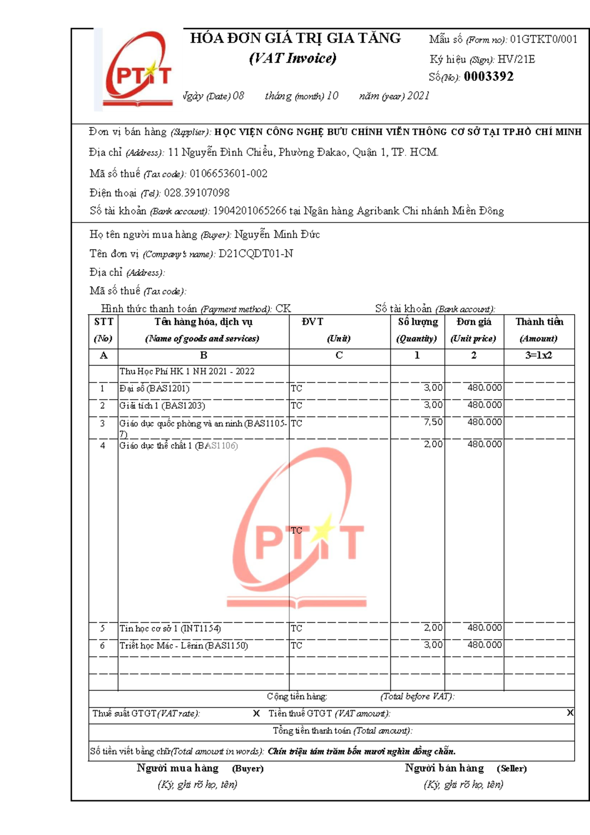 HÓA ĐƠN GIÁ TRỊ GIA TĂNG (VAT Invoice) - Mẫu 01GTKT0 0003392 - Studocu