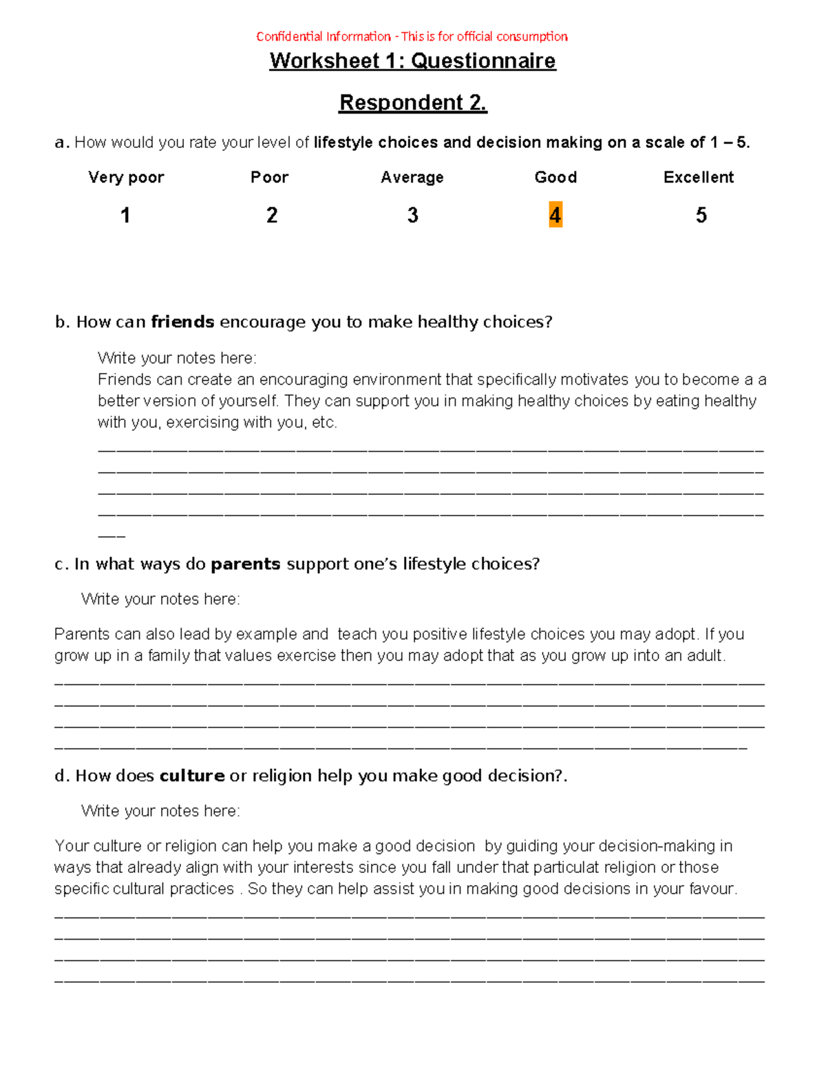 Lifestyle Choices & Decision Making Analysis - Respondent 2 Worksheet ...