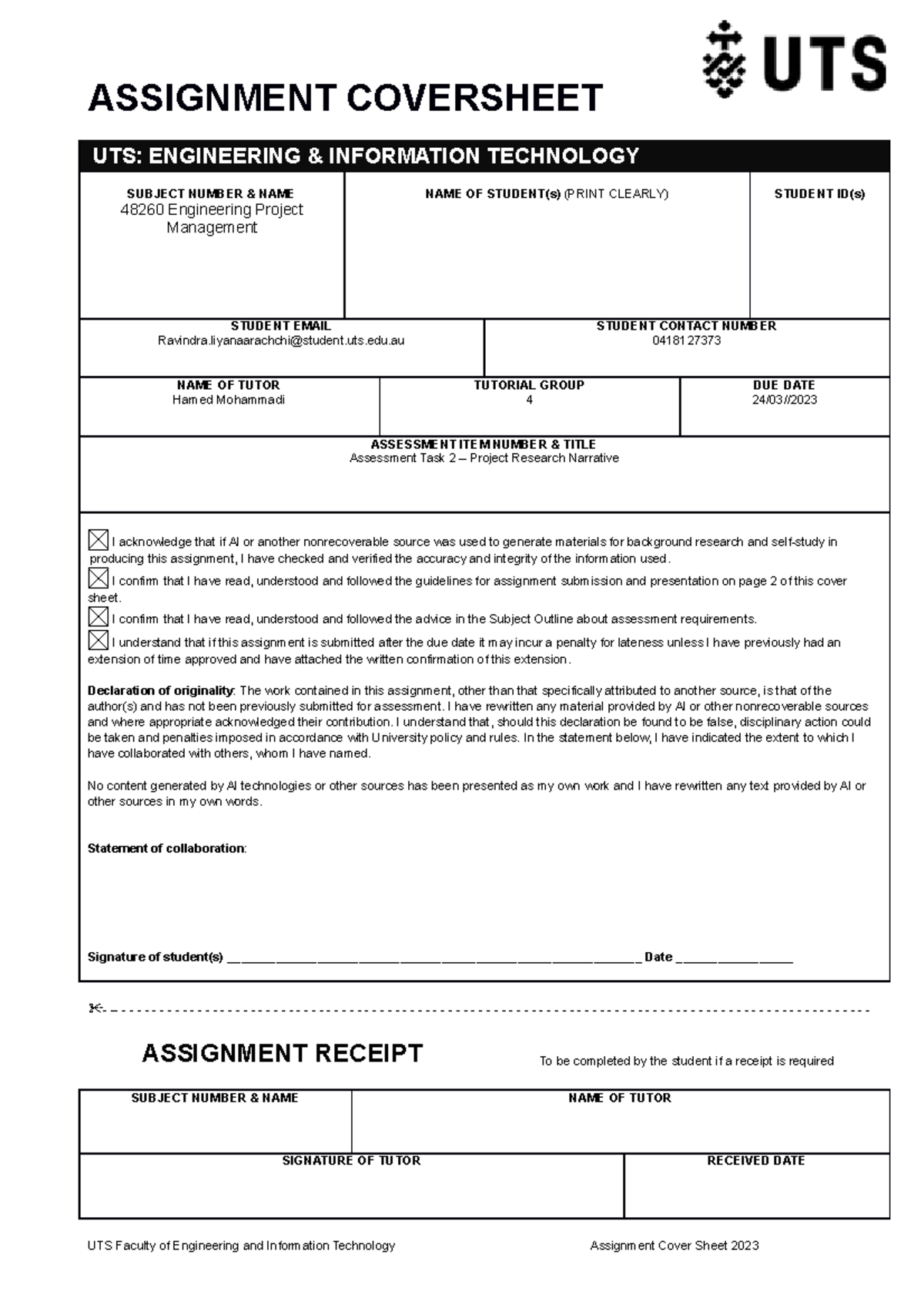 Assignment Cover Sheet - ASSIGNMENT COVERSHEET UTS: ENGINEERING ...