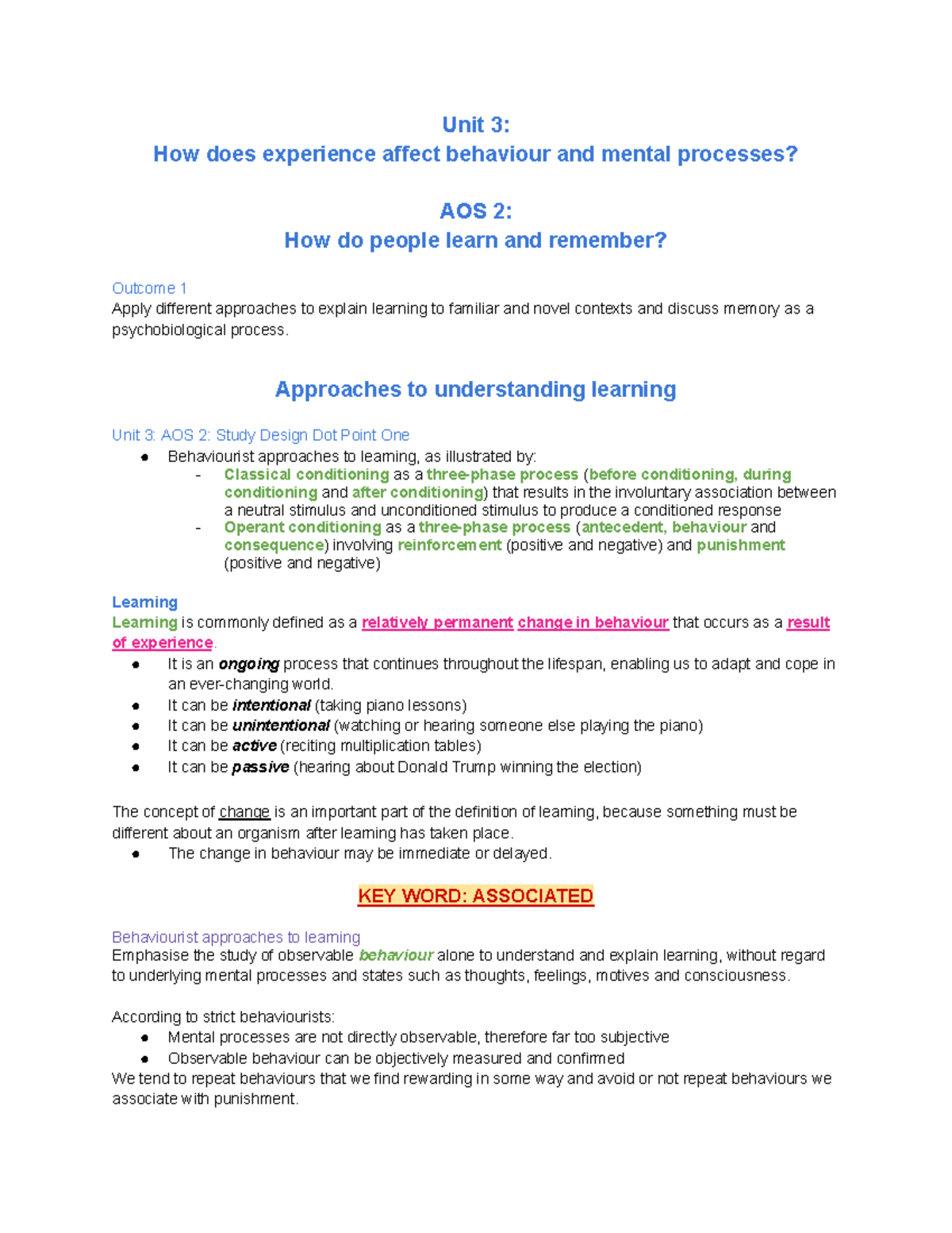 Psych Unit 3 AOS 2: Learning, Memory, and Behavioural Approaches Notes ...