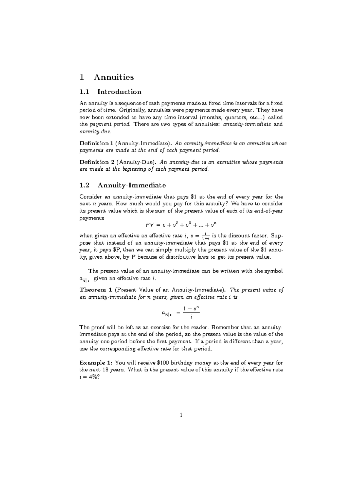 4-Annuities - Notes - 1 Annuities 1 Introduction An annuity is a ...