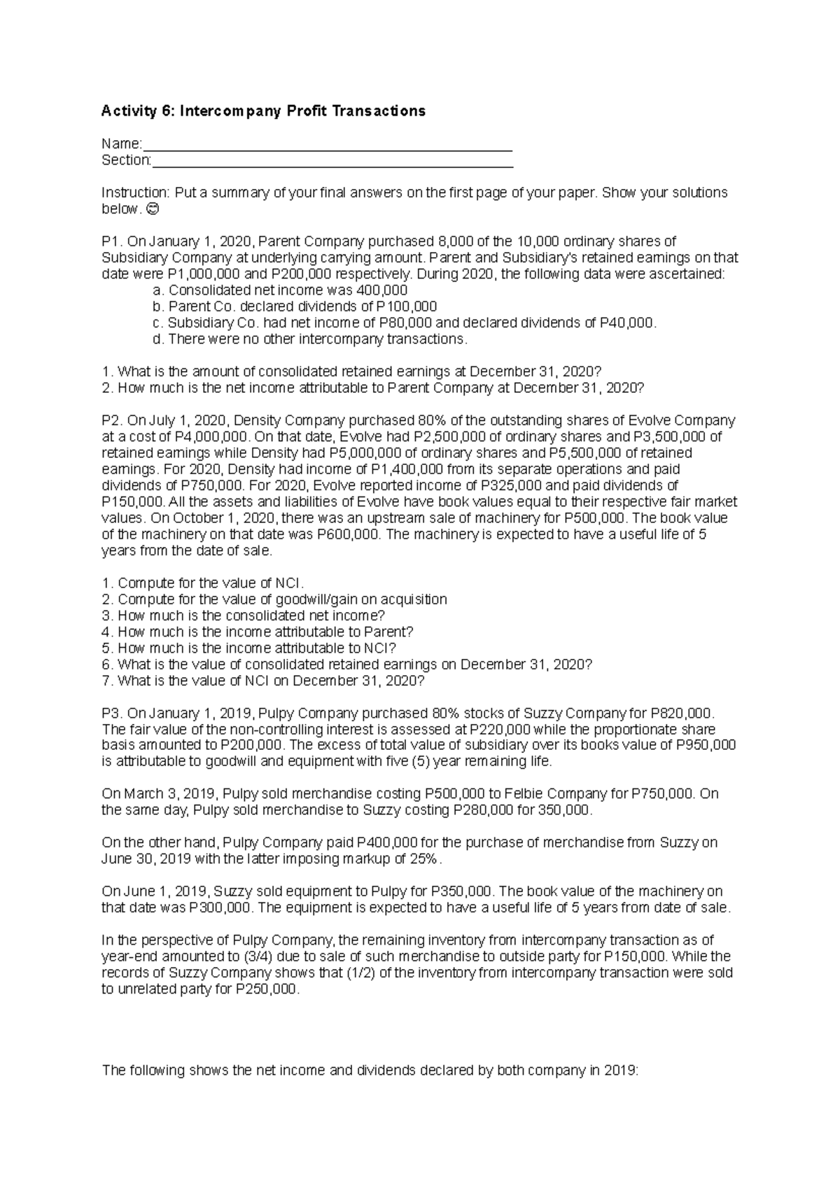 Activity 6 Intercompany Profit Transactions - Activity 6: Intercompany ...