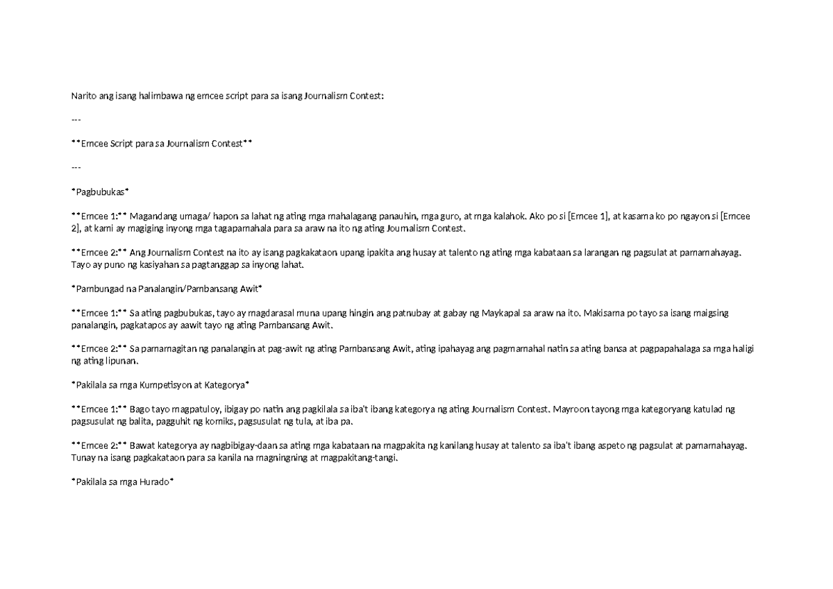 Journalism Contest Emcee Script: Halimbawa at Gabay - Studocu