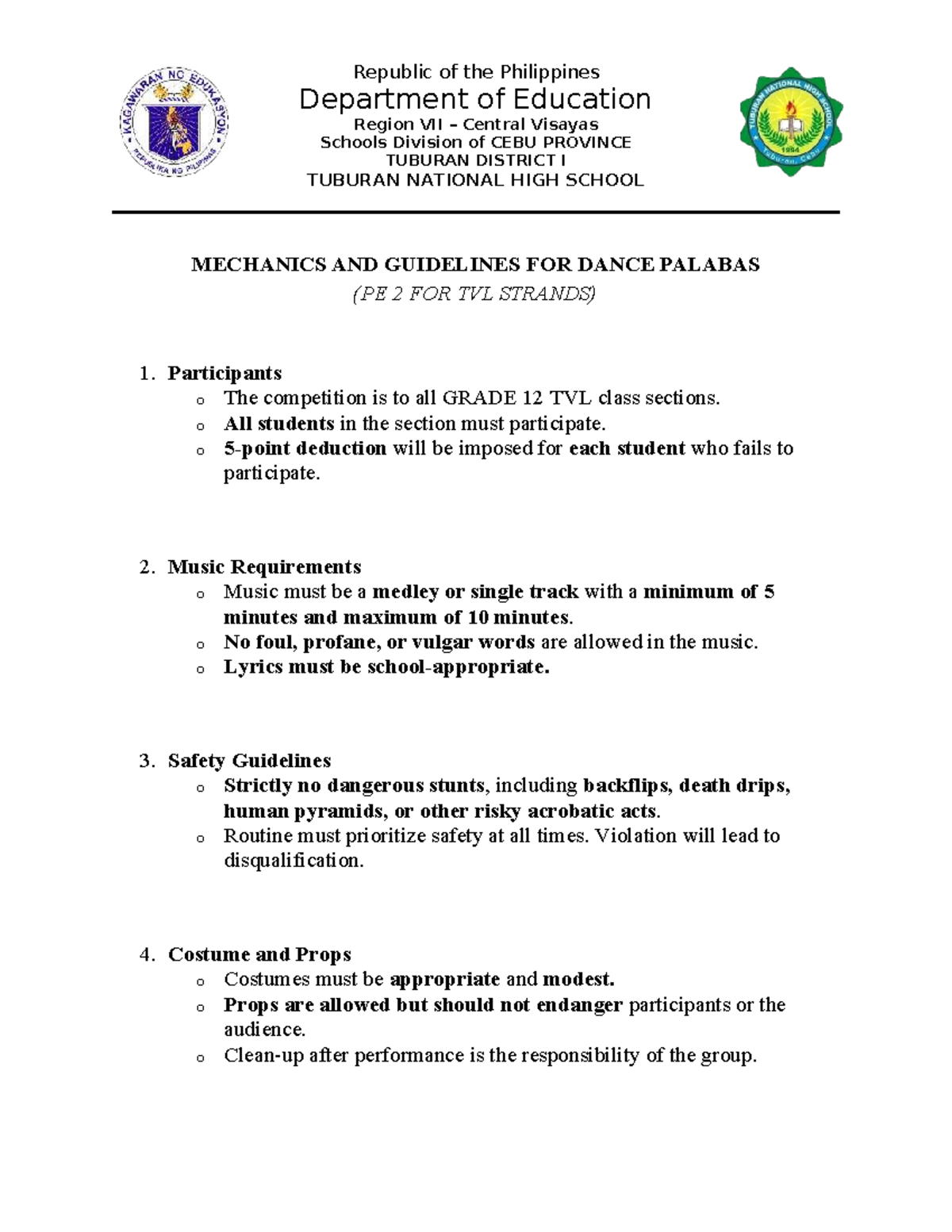 Rubrics for Dance Palabas (PE 2 - TVL Strands) Guidelines - Studocu