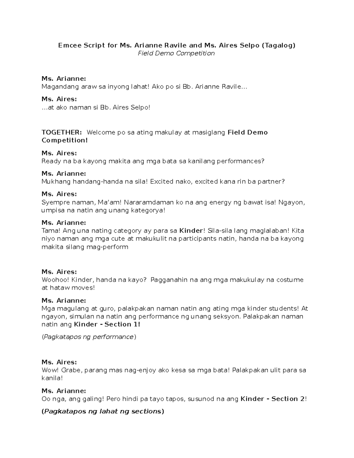 Field Demo Script for Competition: Kinder to Grade 6 - Studocu
