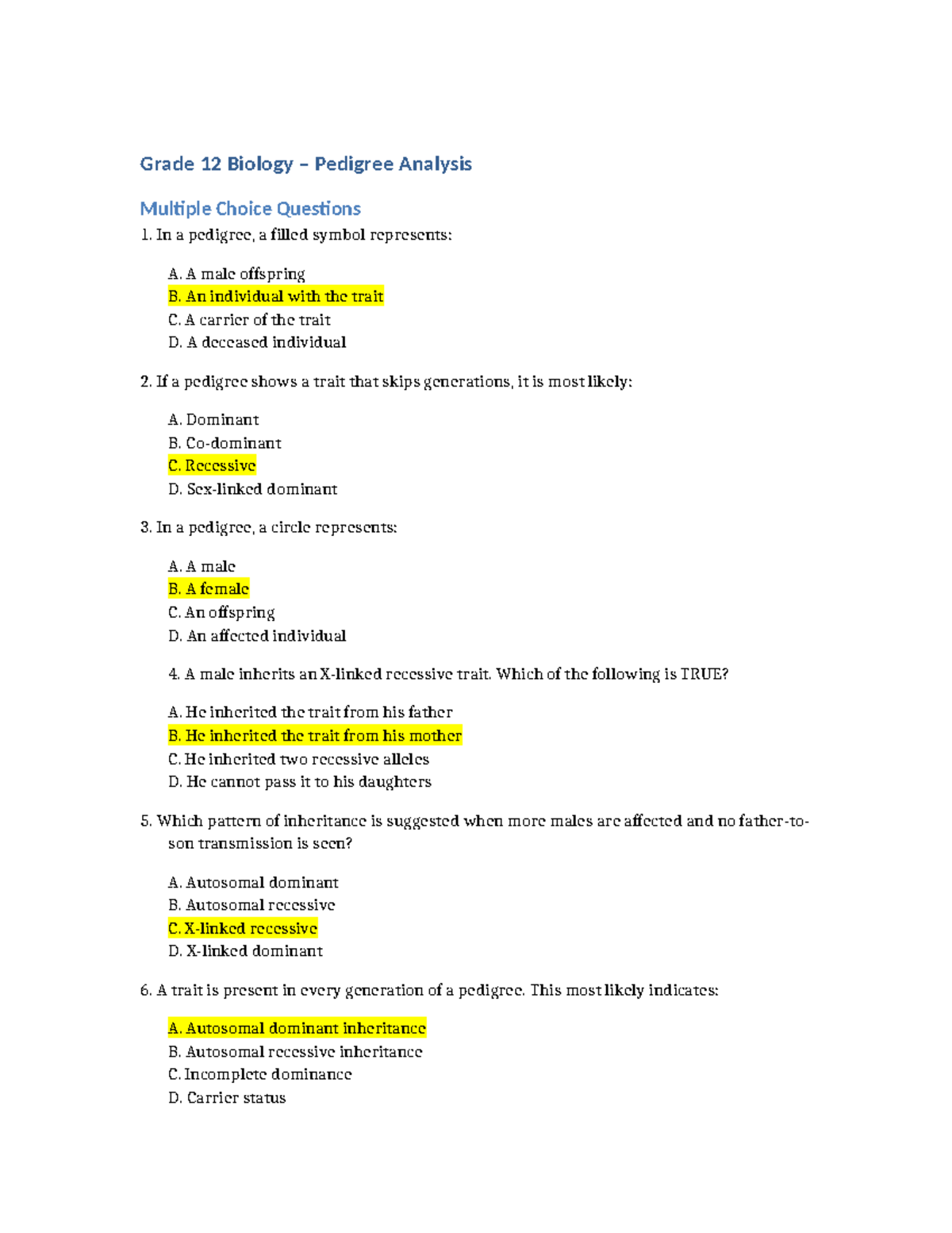 Grade 12 Biology: Pedigree Analysis MCQs & Homework - Studocu