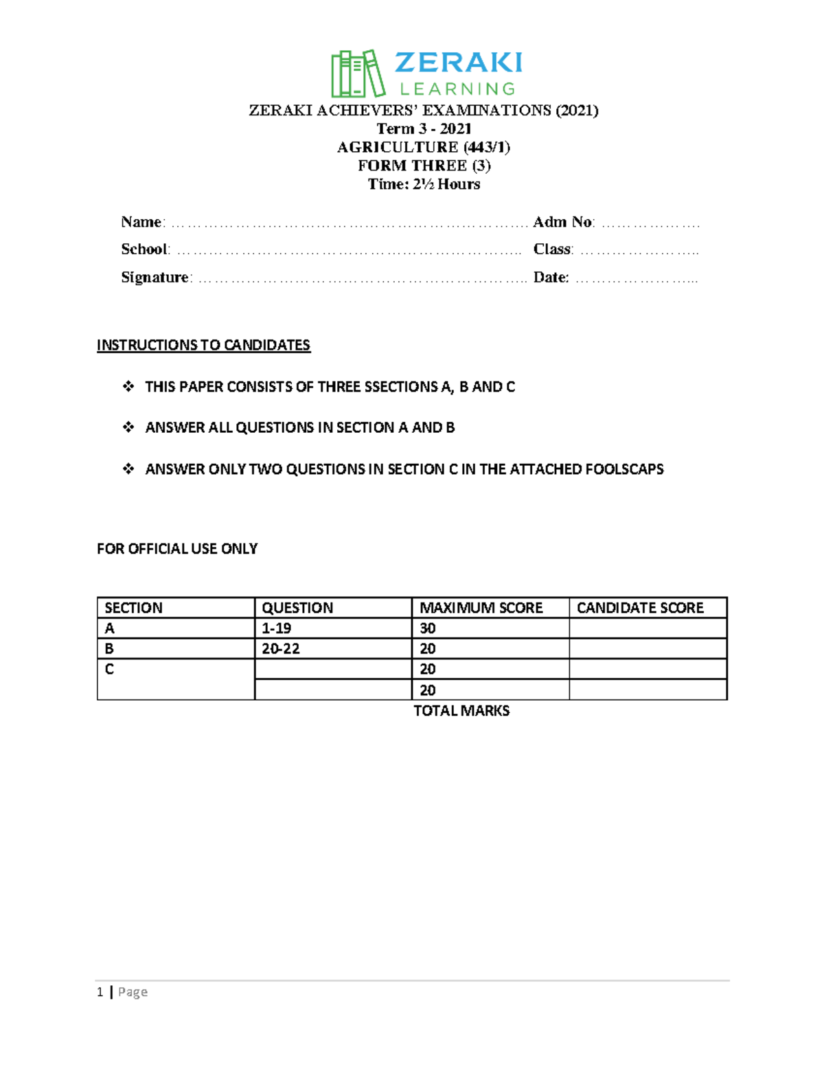 Agriculture Form 3 (443/1) Term 3 2021 Question Paper - Zeraki ...
