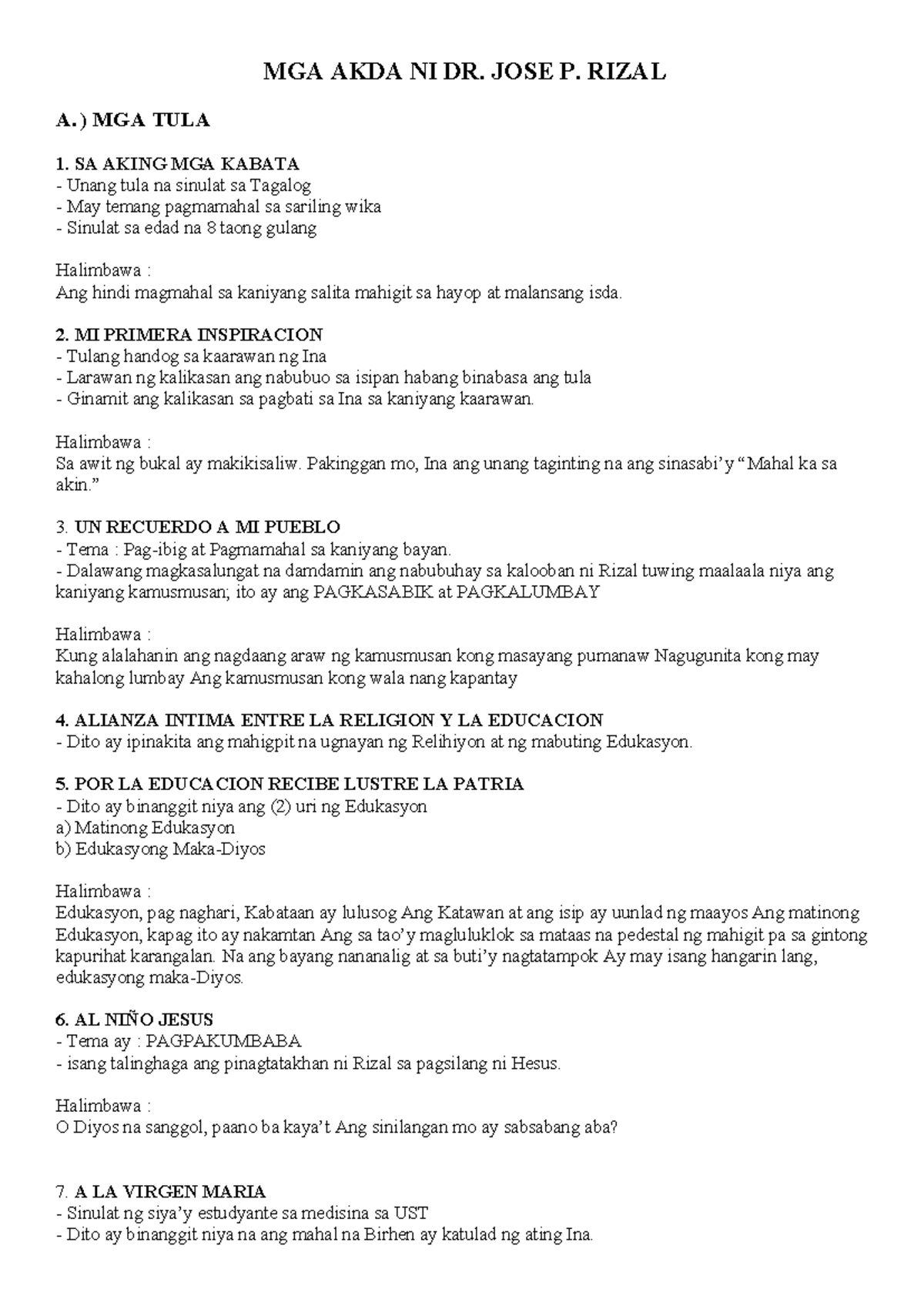 MGA AKDA NI DR. JOSE P. RIZAL: TULONG AT LIHAM, MGA TULA, DULA, AT ...