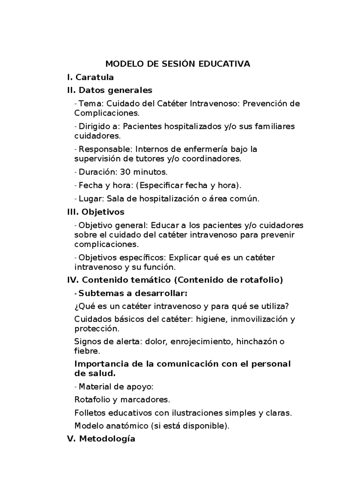 Modelo de Sesión Educativa: Cuidado del Catéter IV en Pacientes - Studocu